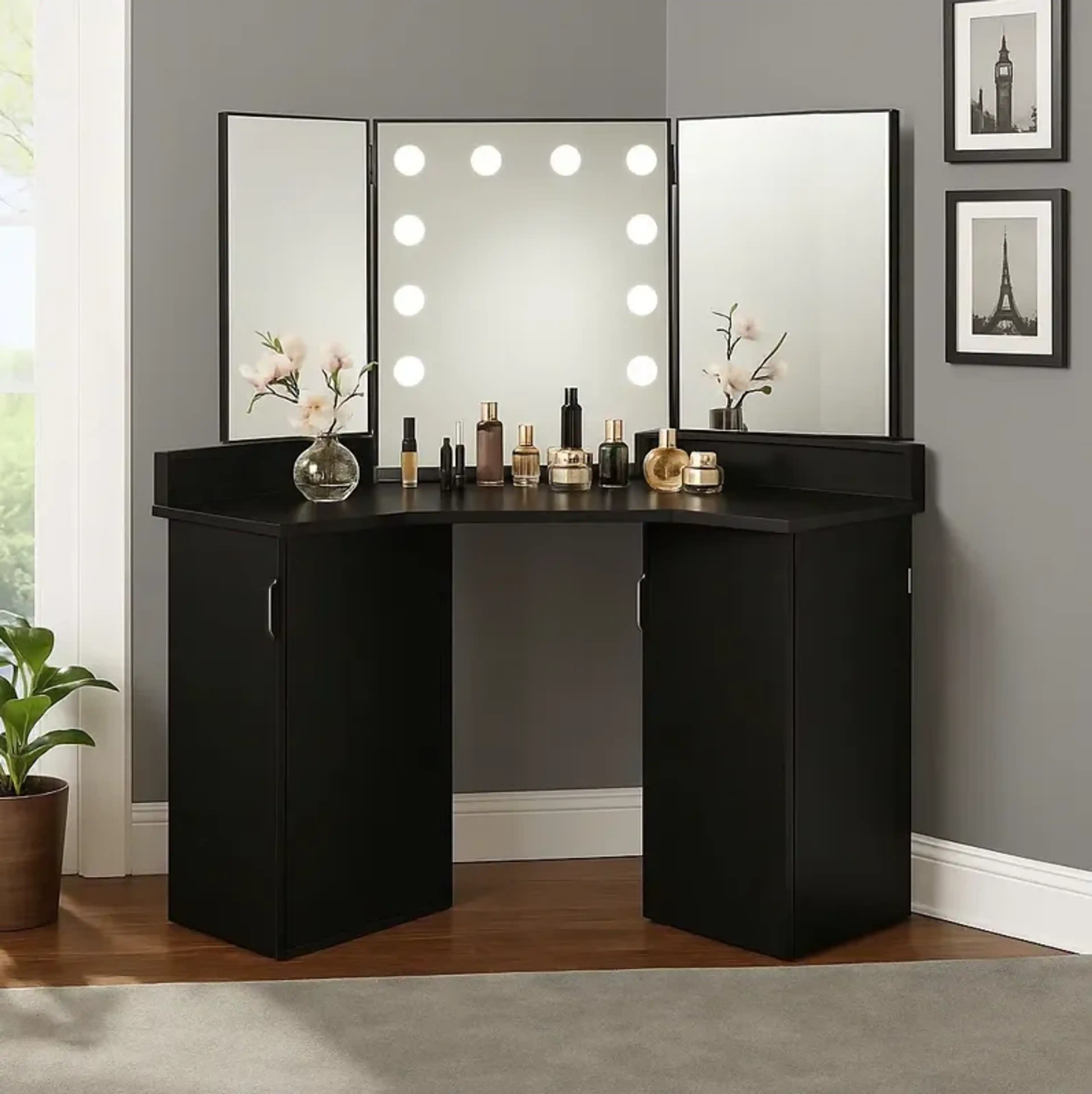 Stylish Black Corner Vanity Table With Tri Fold Mirror Bel Furniture ...