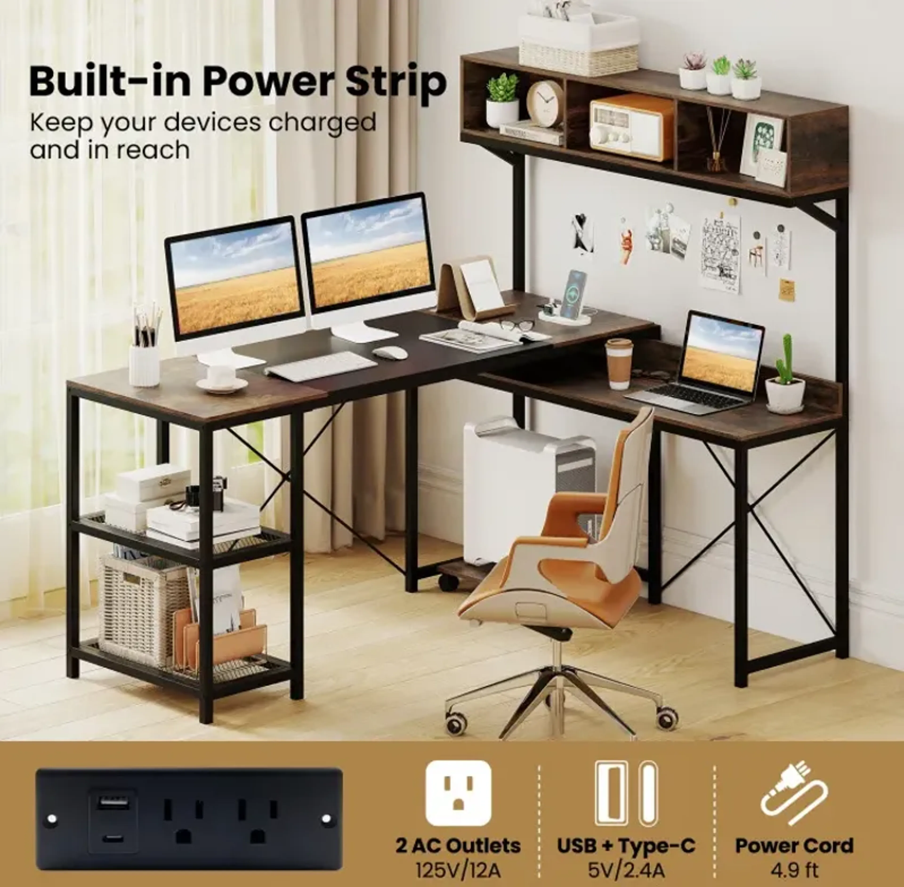L Shaped Computer Desk With Power Outlets 62 Inches Corner Desk With ...