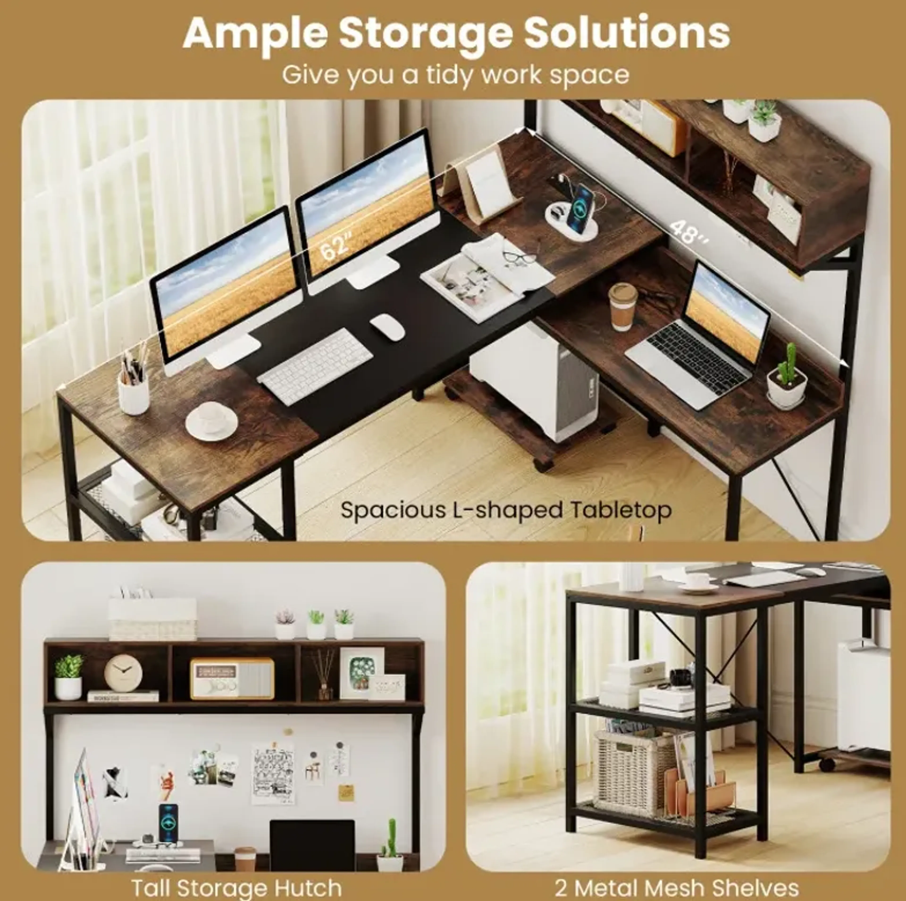 L Shaped Computer Desk With Power Outlets 62 Inches Corner Desk With ...