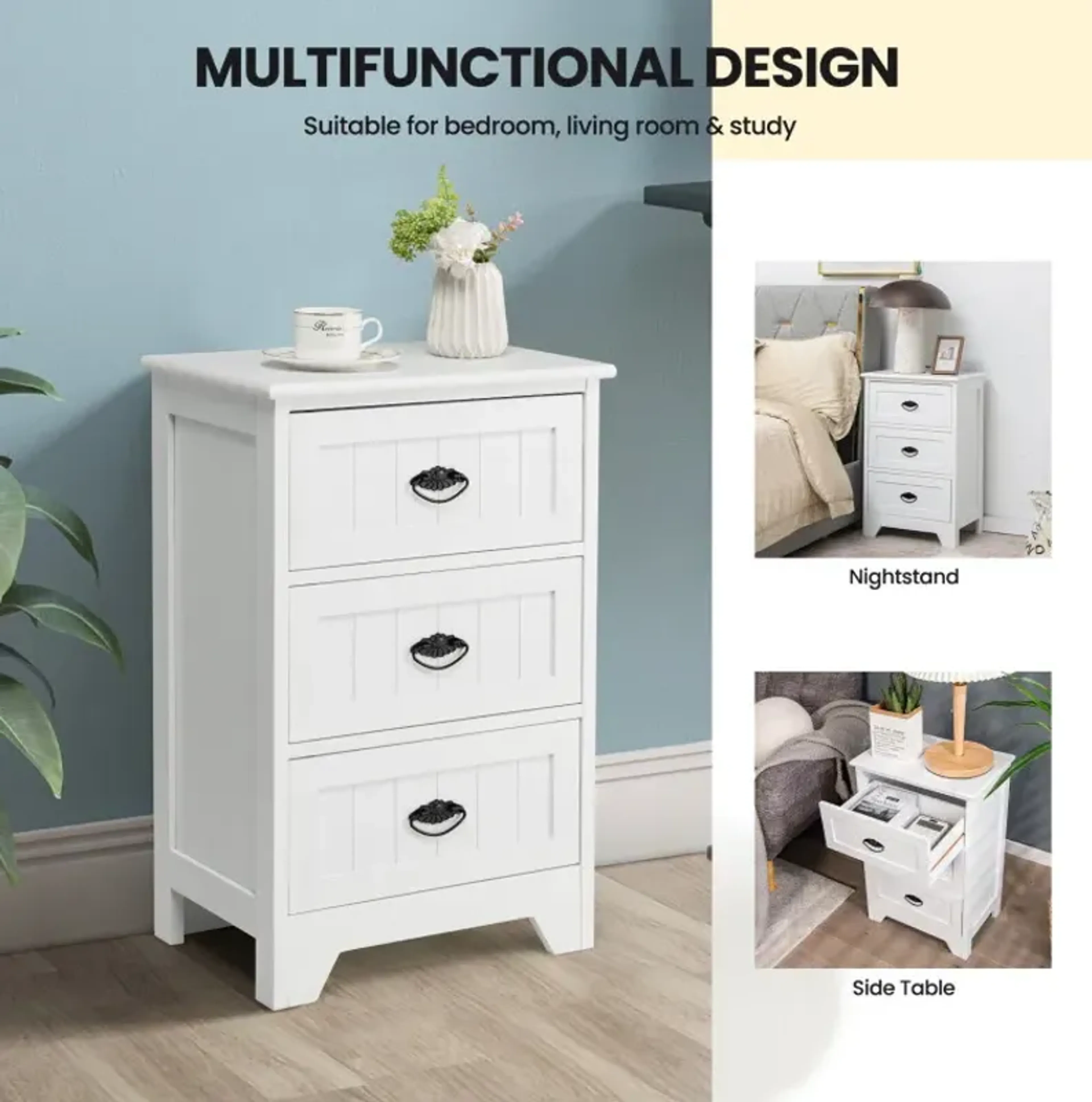 3 Drawer End Storage Wood Side Nightstand Costway | Furniture.com