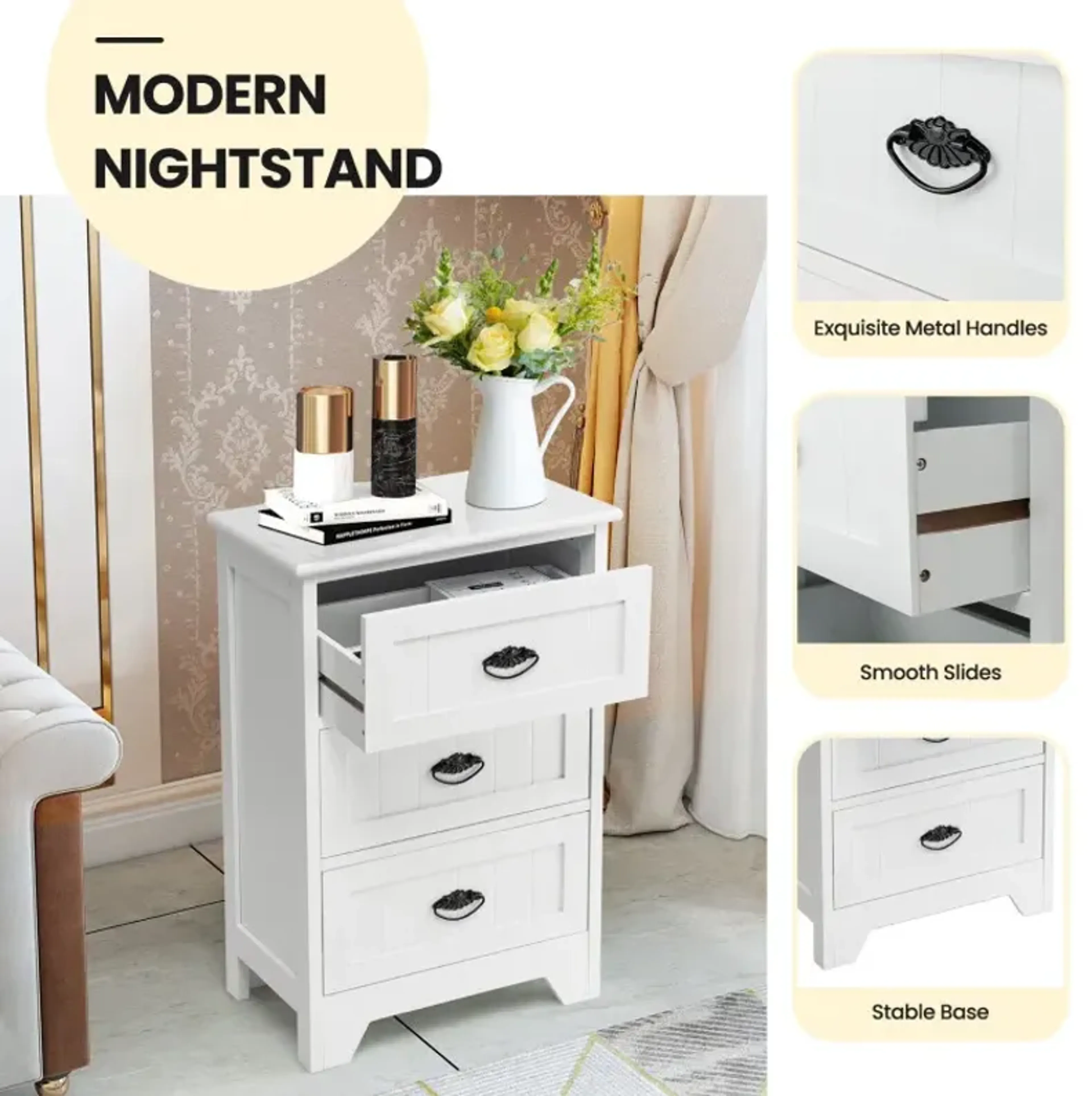 3 Drawer End Storage Wood Side Nightstand Costway | Furniture.com