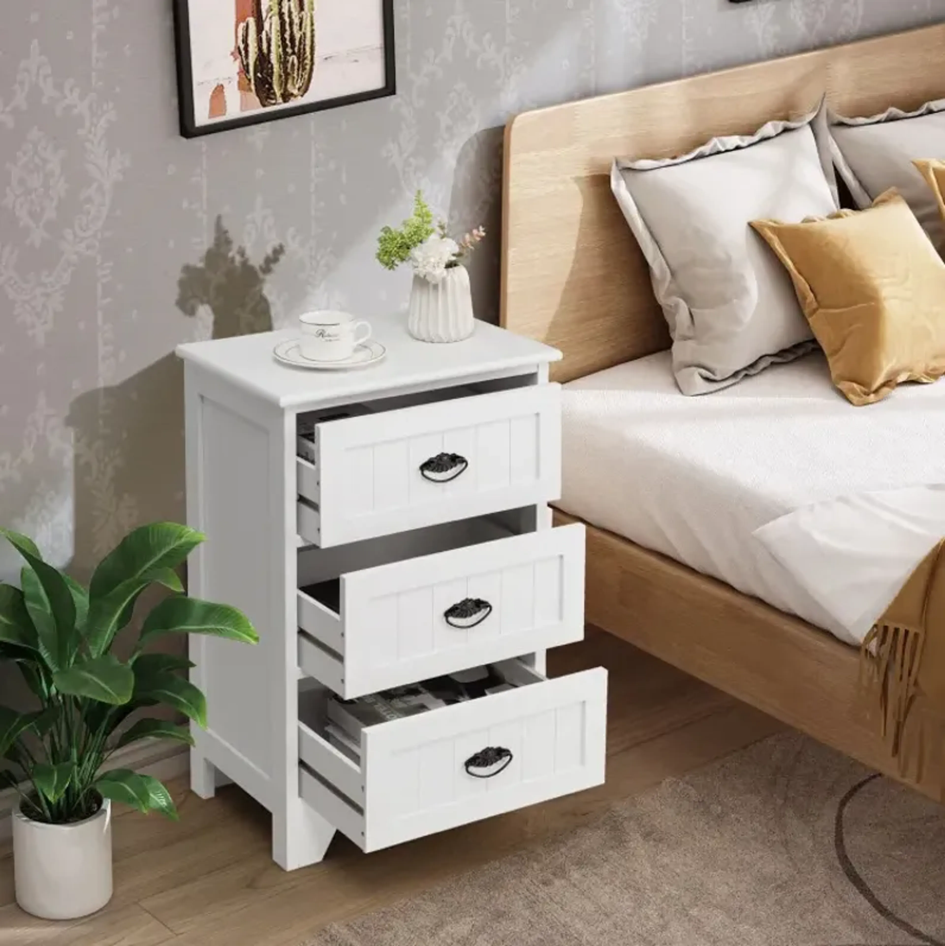 3 Drawer End Storage Wood Side Nightstand Costway | Furniture.com