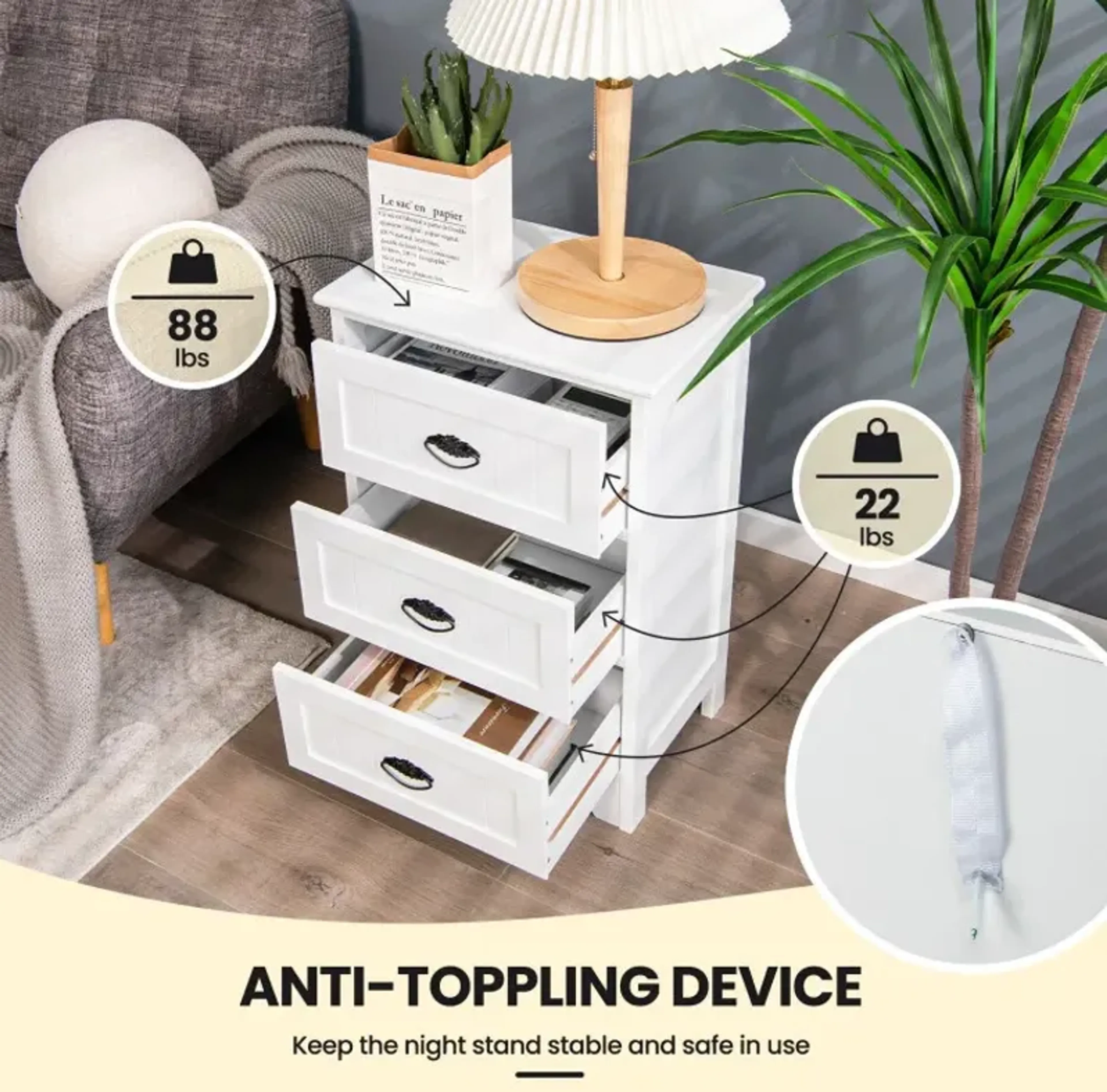 3 Drawer End Storage Wood Side Nightstand Costway | Furniture.com