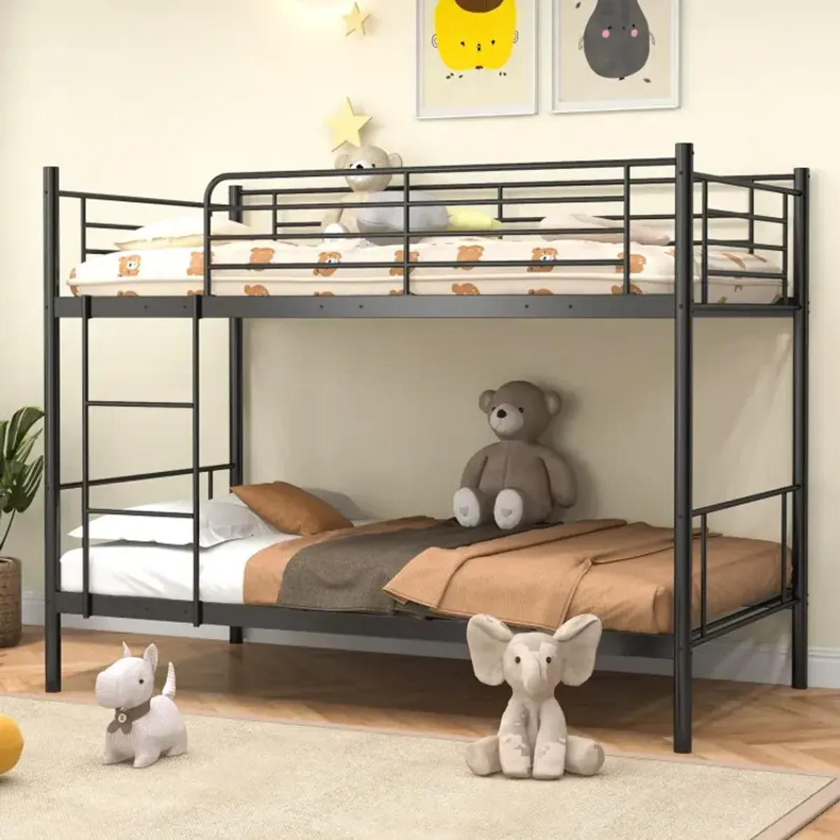 Solid Wood Twin Over Twin Bunk Bed Frame with High Guardrails and ...