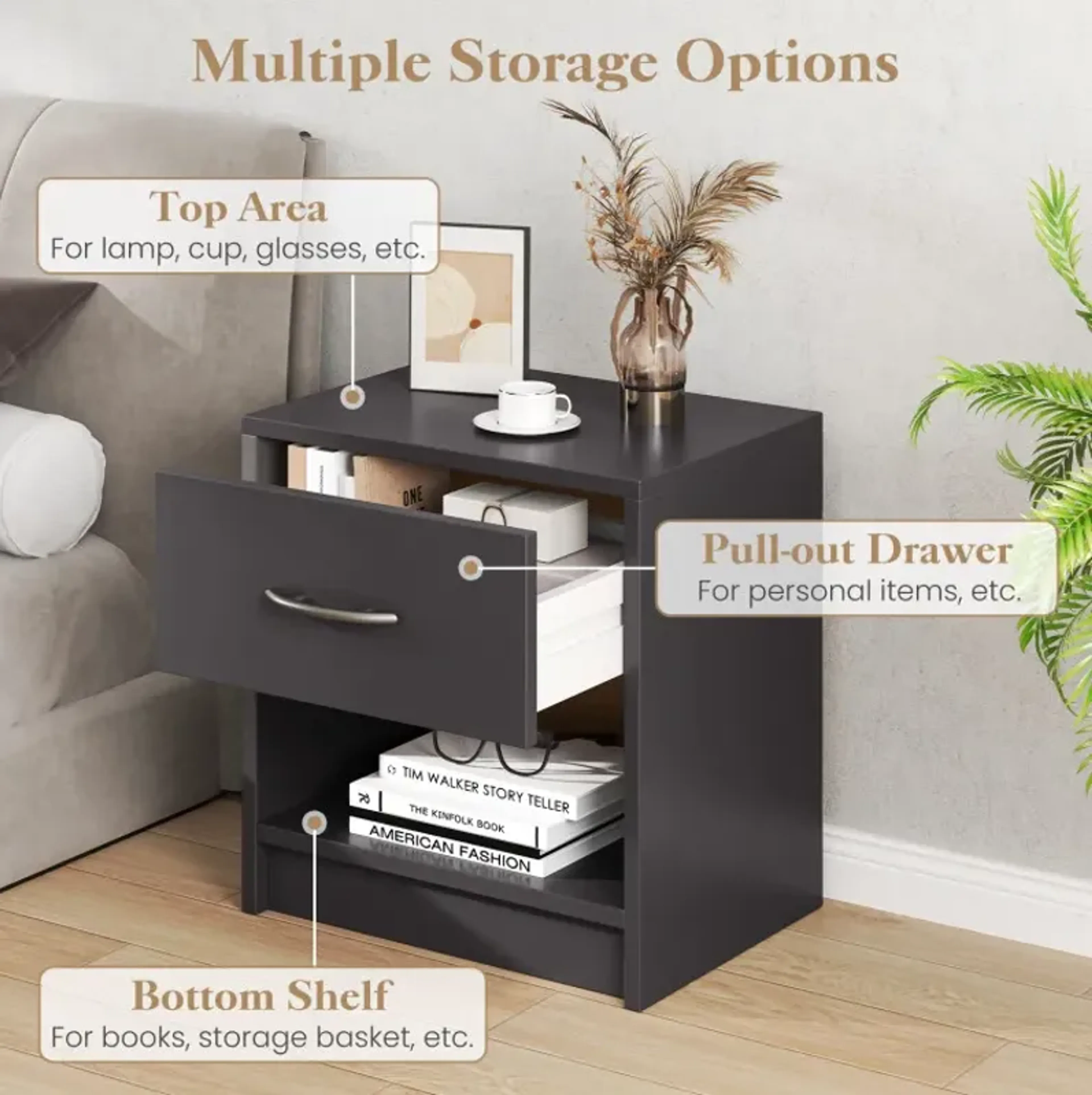 Bedside Table Nightstand With Drawer And Open Storage Shelf Costway ...