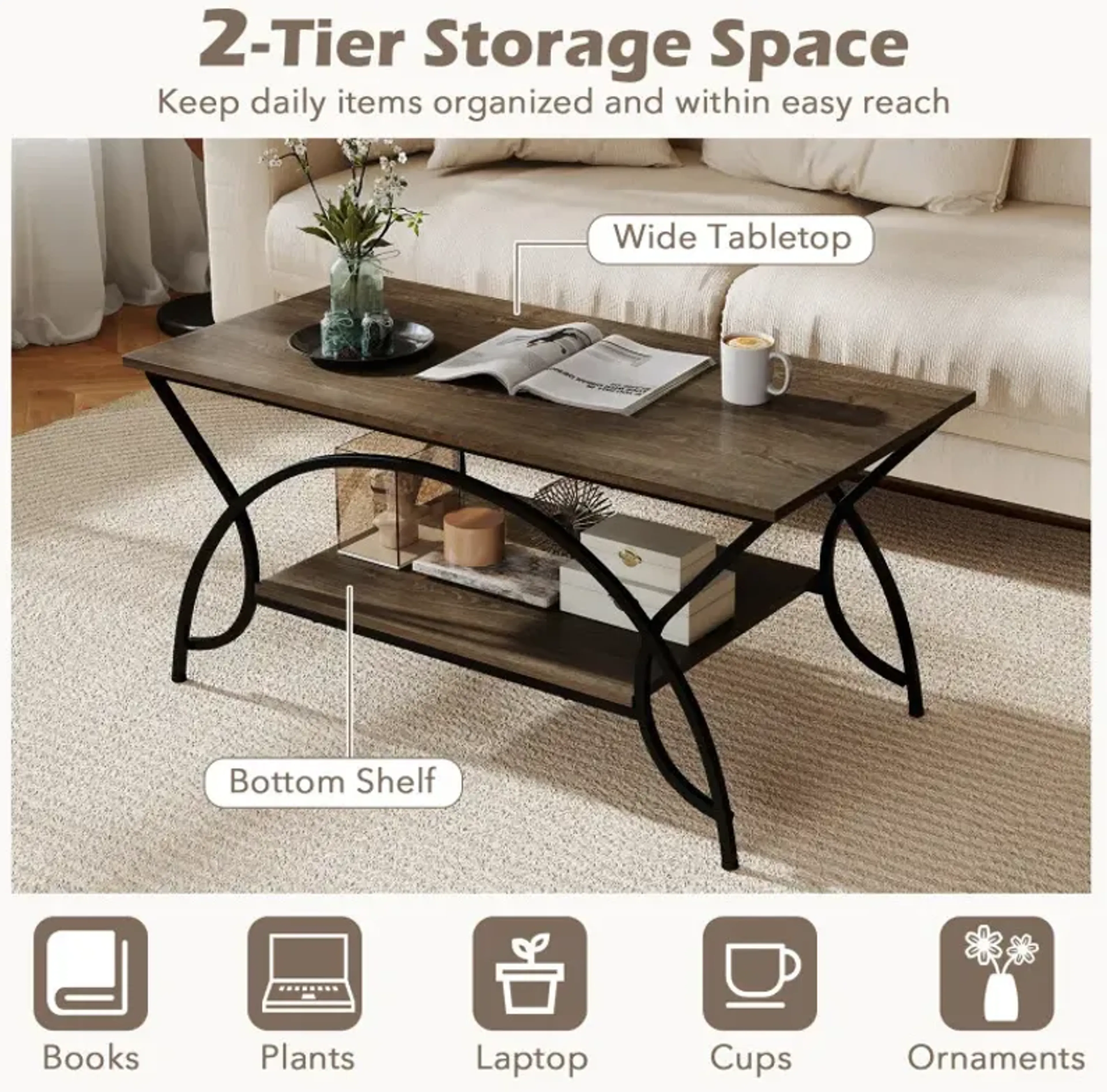 2 Tier Faux Marble Coffee Table With Marble Top And Metal Frame Costway ...