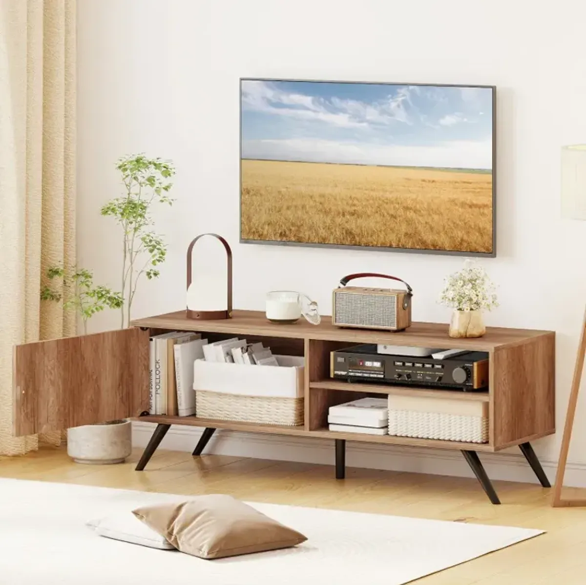 Boho TV Stand for 60 Inch TV Entertainment Center with Cabinets and ...