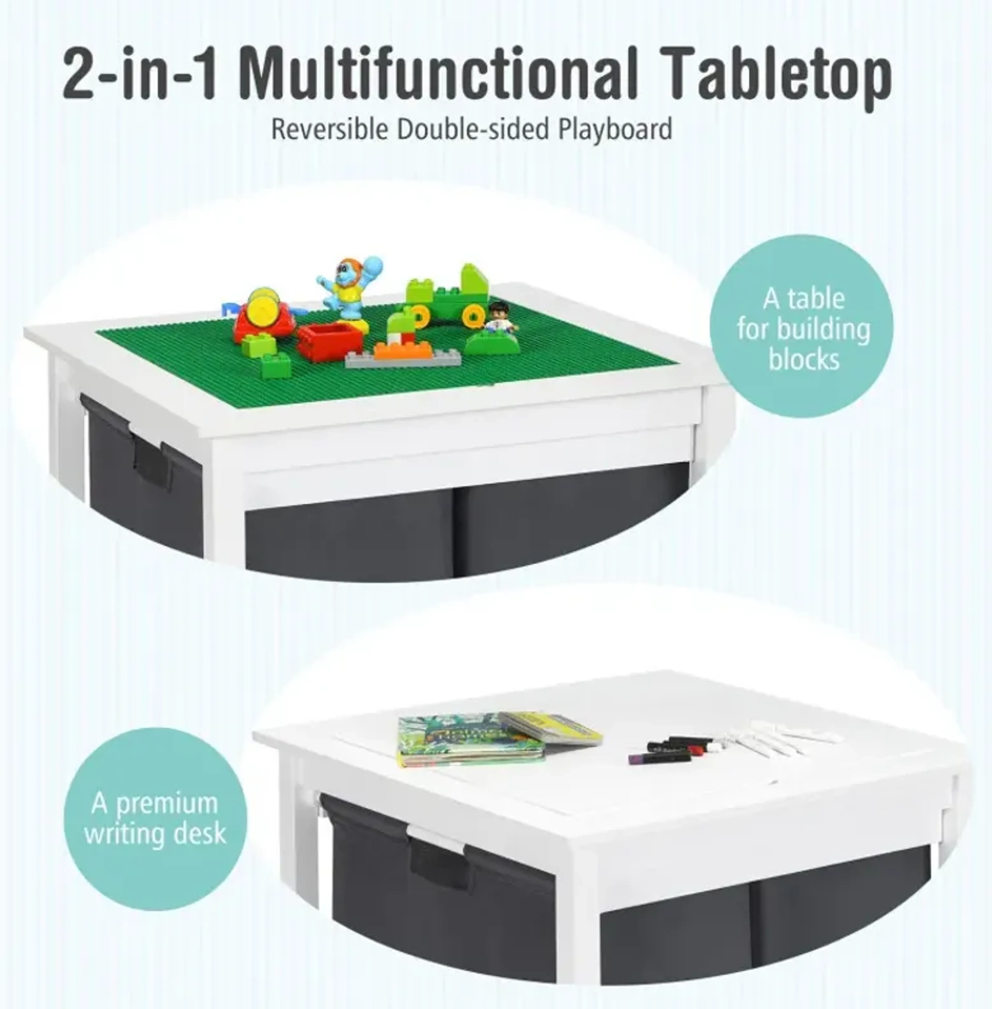 2 In 1 Kids Double Sided Activity Building Block Table With Drawers ...