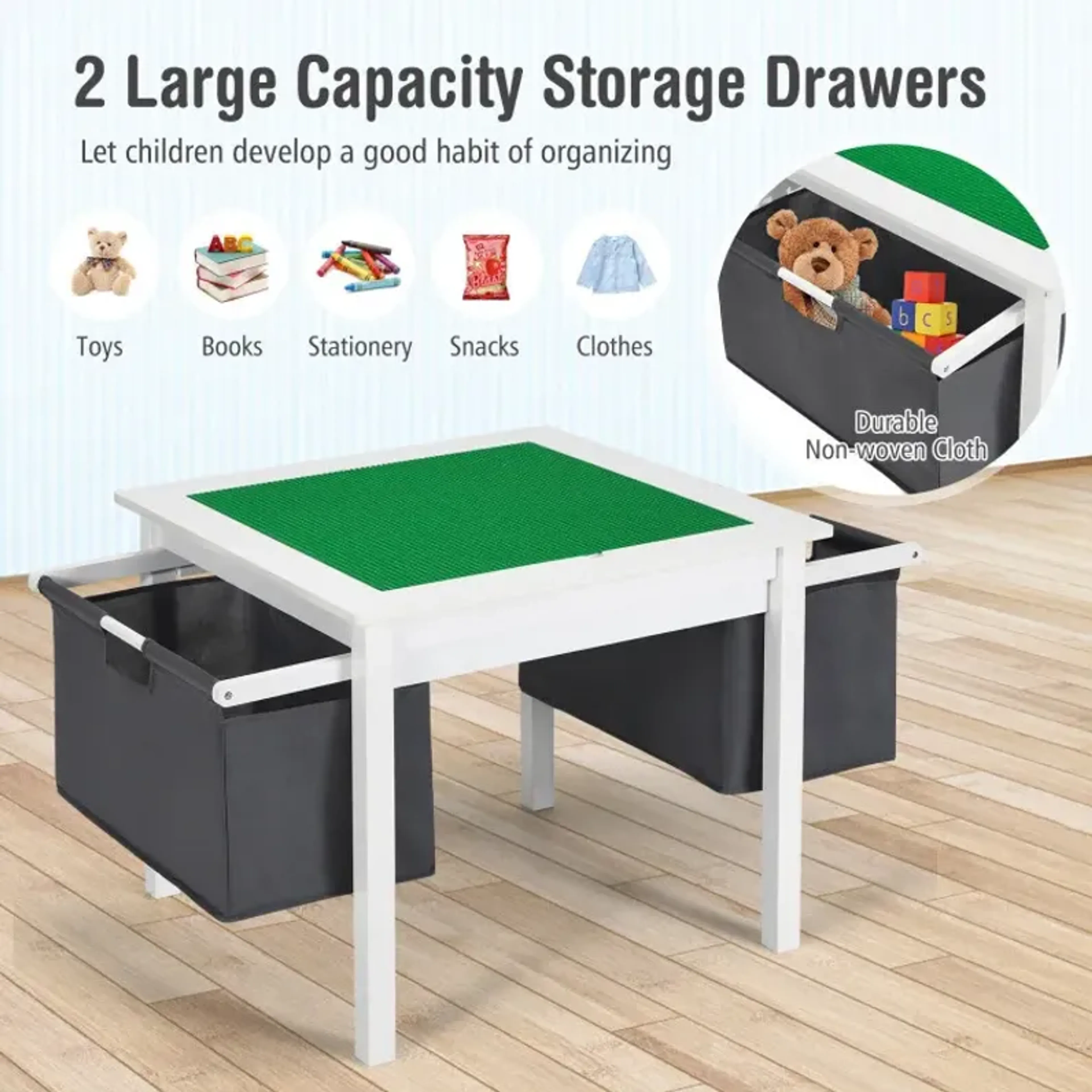 2 In 1 Kids Double Sided Activity Building Block Table With Drawers ...