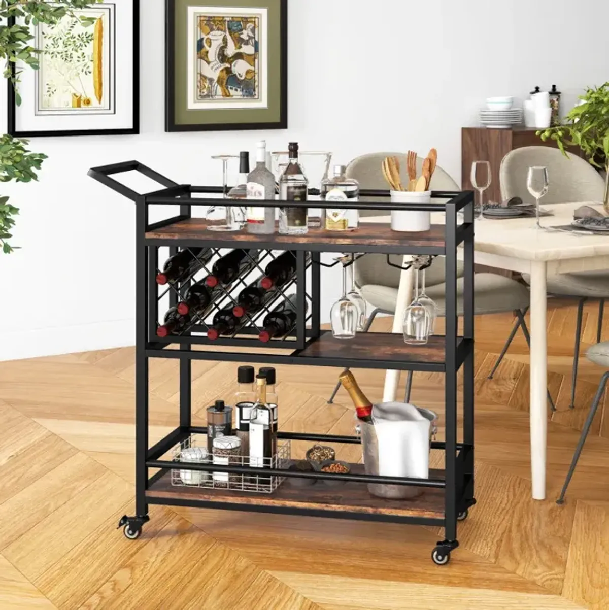 3-Tier Liquor Bar Table with Stemware Racks and Storage Shelves by ...