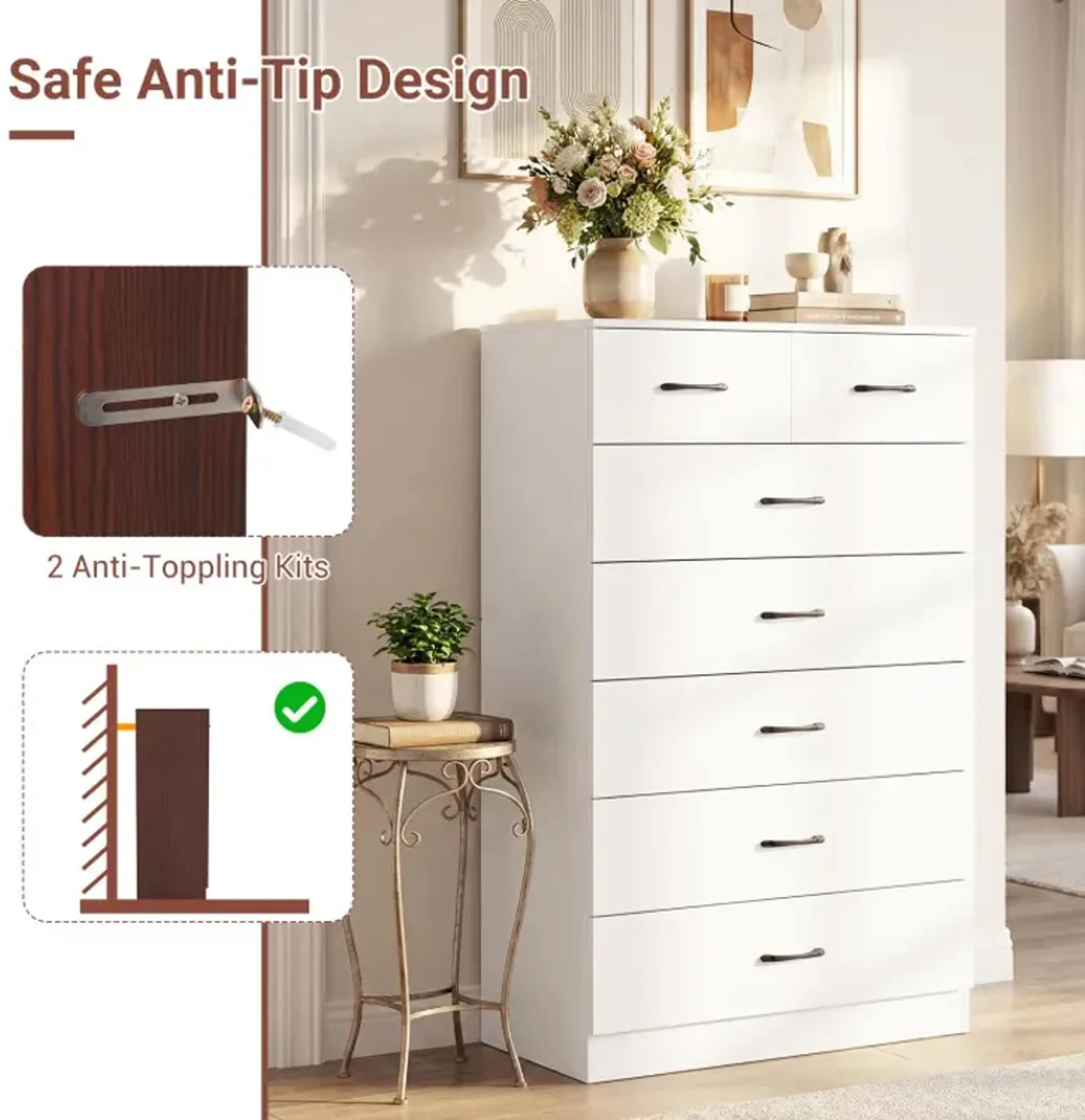 7 Drawer Tall Dresser With Metal Handles And Anti Tipping Kits Costway ...