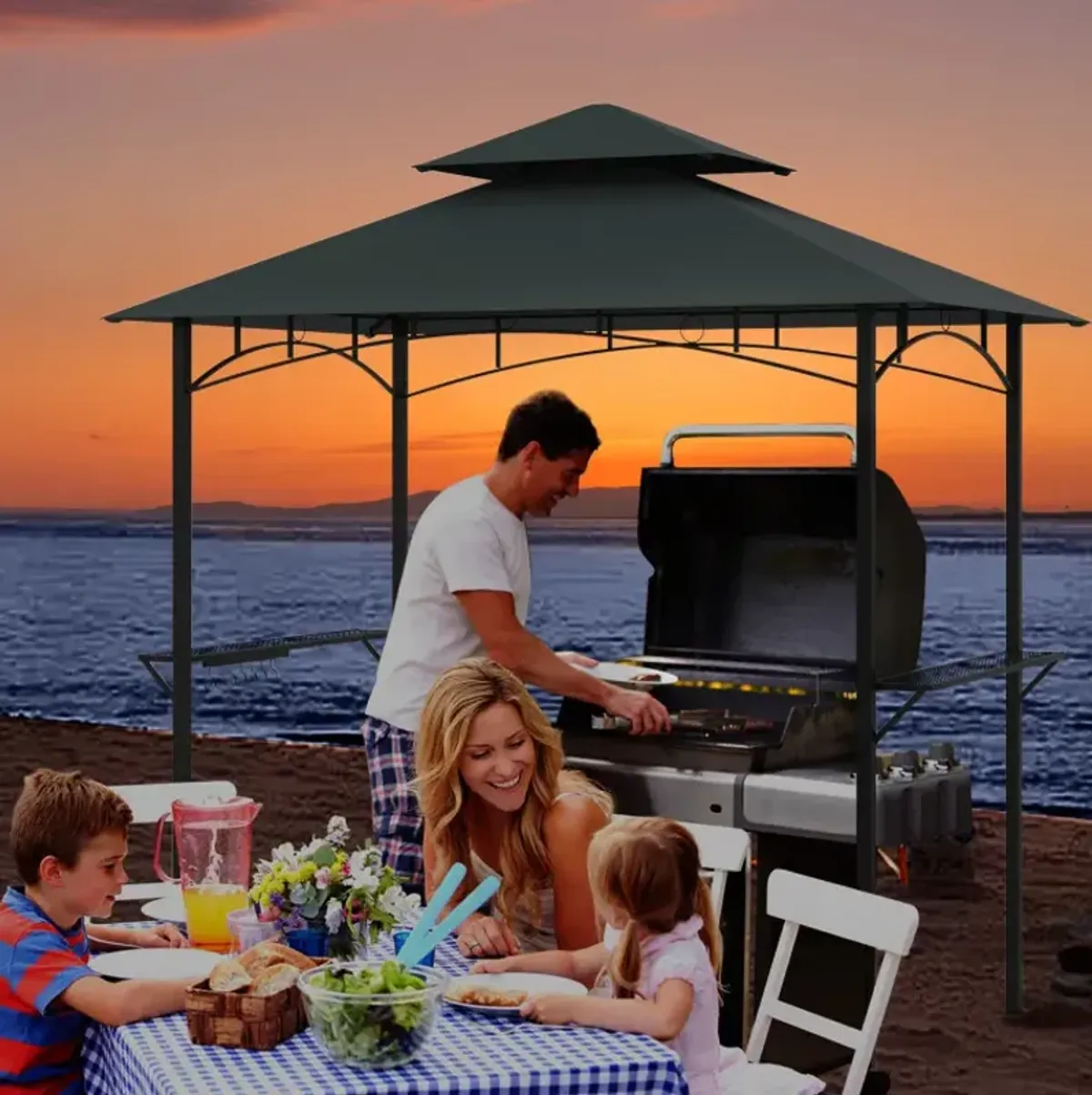 12 x 10 Feet Outdoor Patio Gazebo with Netting and 2-Tier Canopy Roof ...