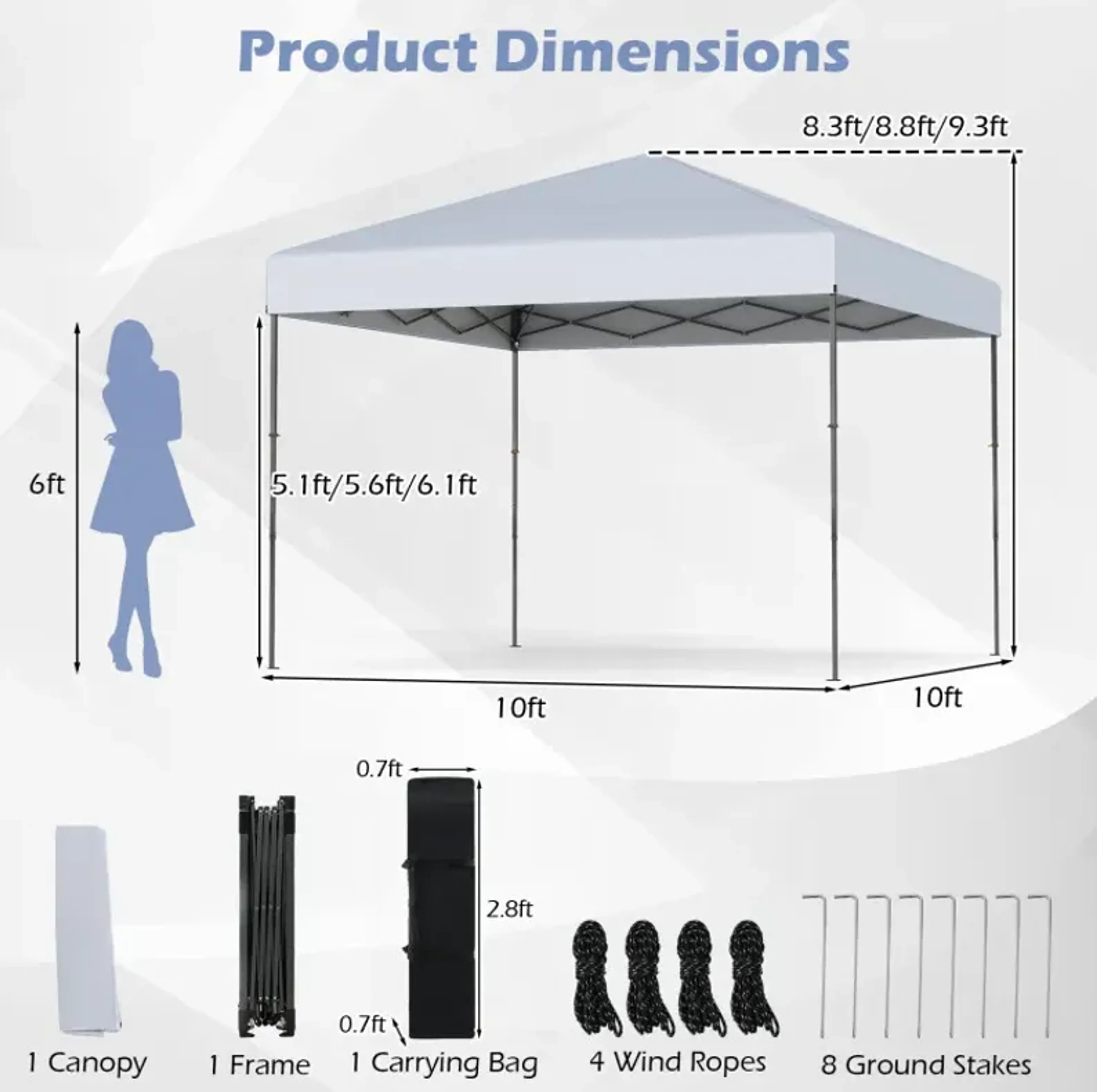 10 X 10 Feet Pop Up Canopy Tent With Portable Carrying Bag And 8 Stakes ...