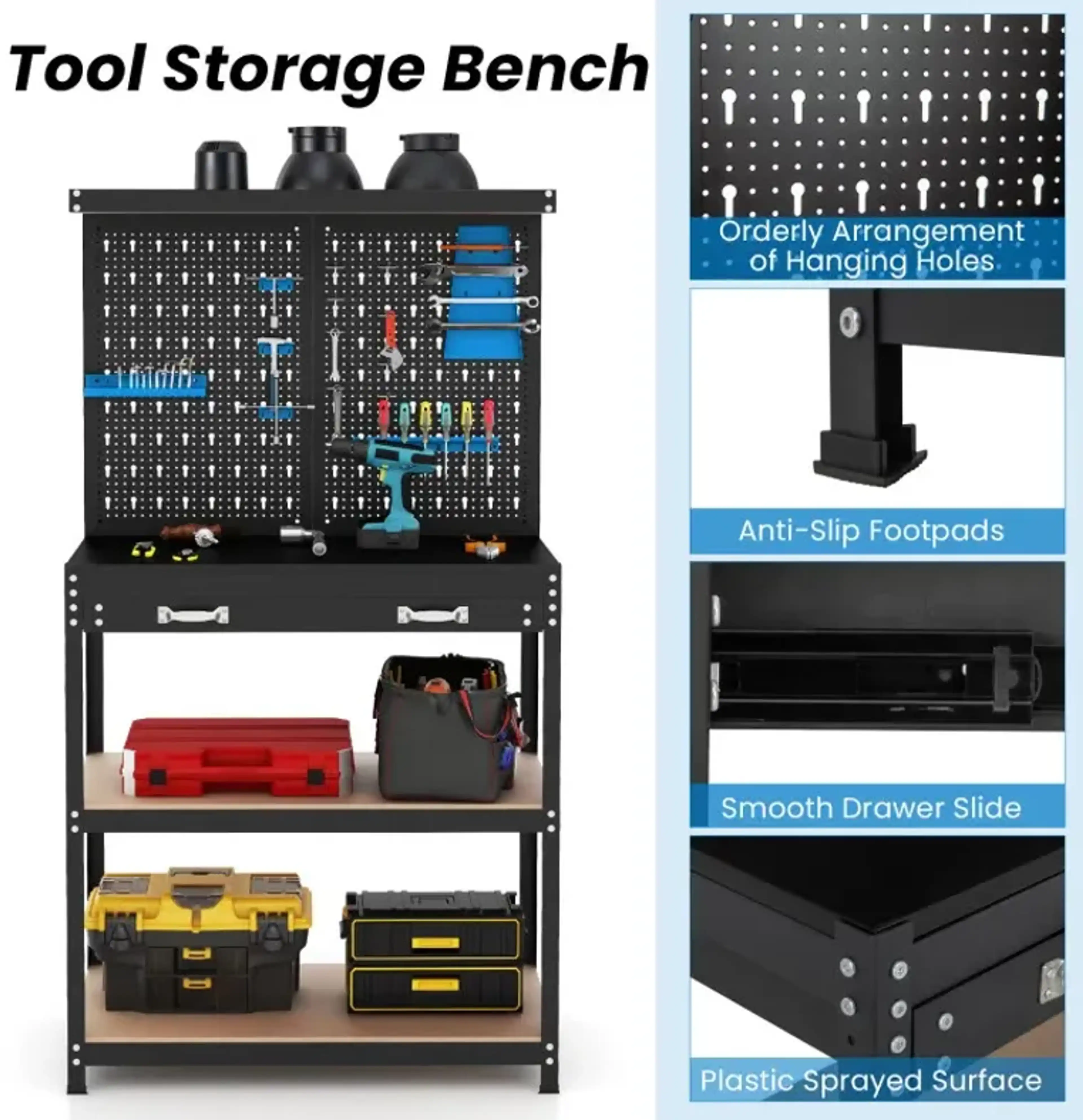 Tool Storage Workbench With Pegboard With 14 Hanging Accessories For ...