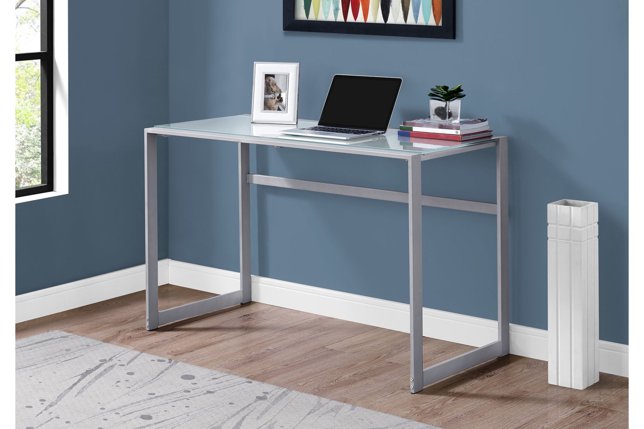 Redfern 48" Silver Computer Desk with Tempered Glass Top