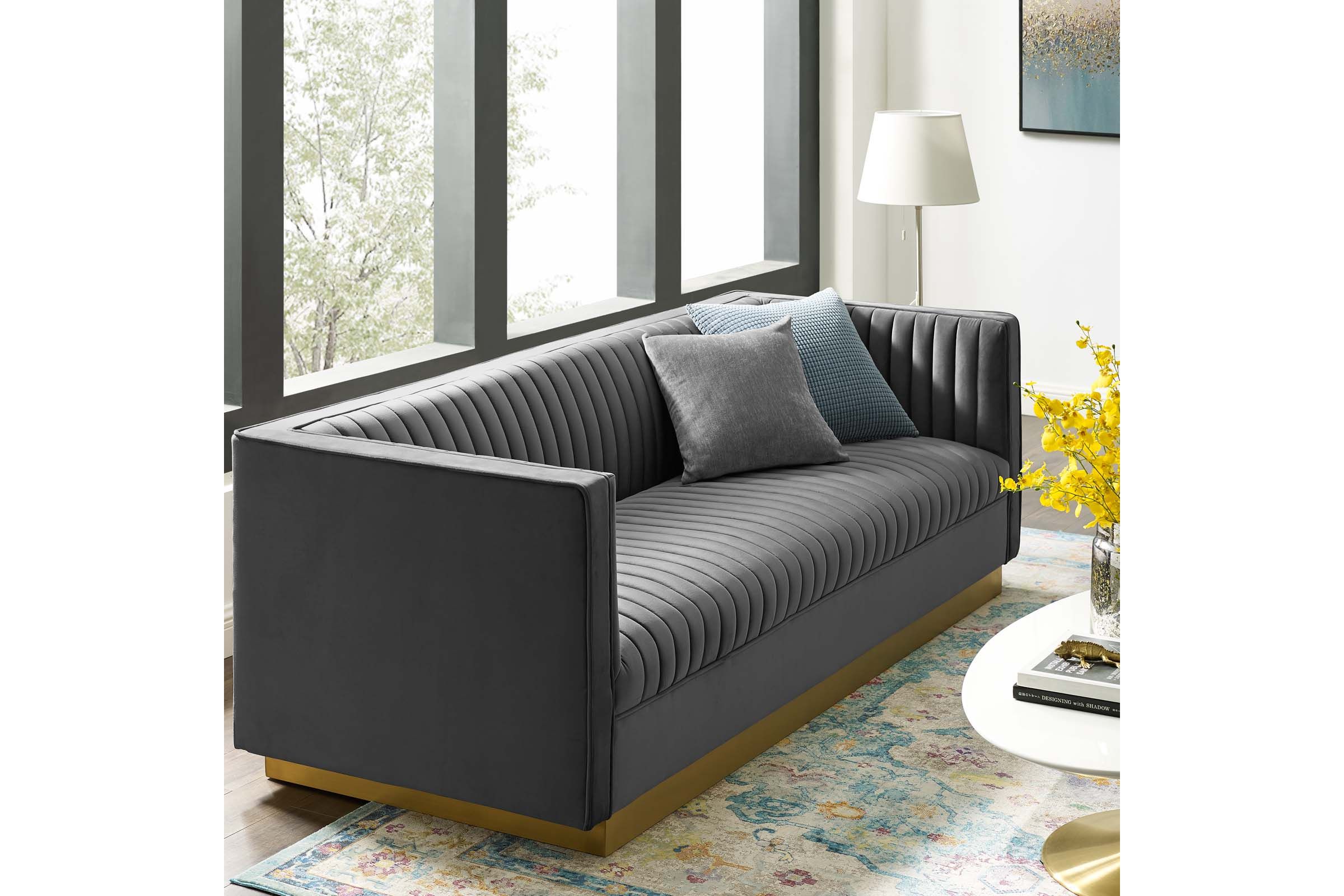 Sanguine Vertical Channel Tufted Performance Velvet Sofa in Gray