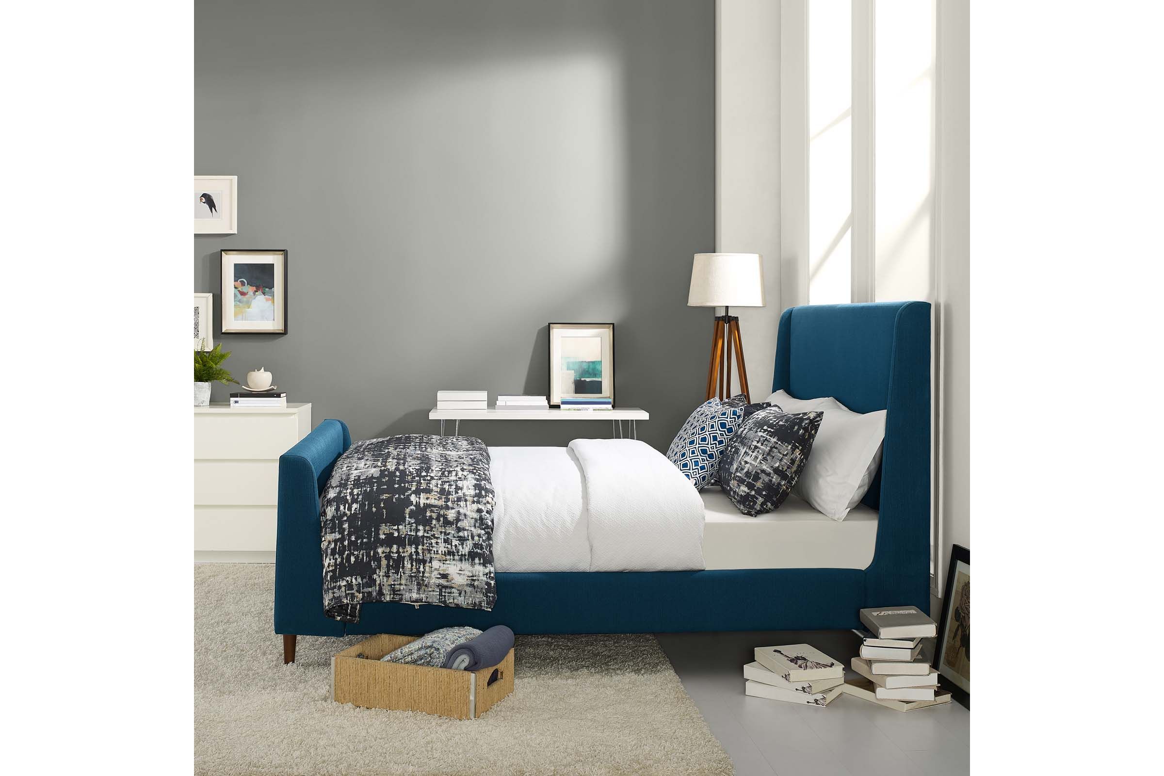 Aubree Queen Upholstered Fabric Sleigh Platform Bed in Azure