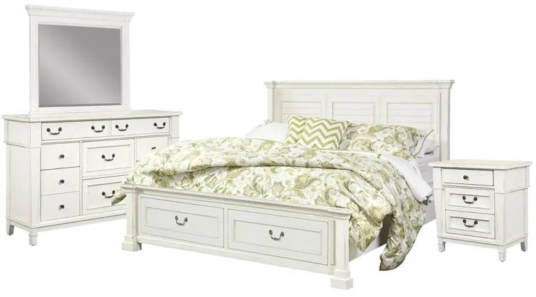 King Storage Shutter Bed, 10 Drawer Dresser, Mirror, 3 Drawer Nightstand