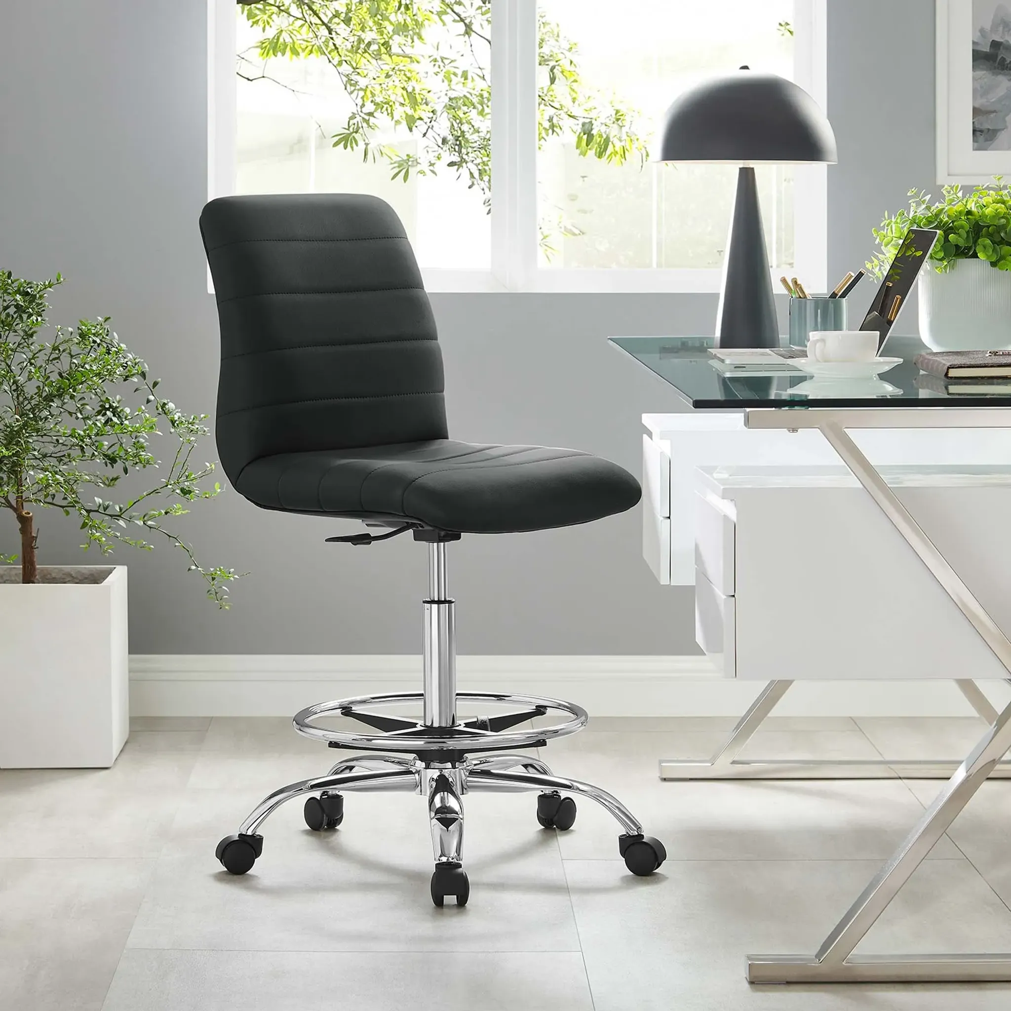 Ripple Armless Vegan Leather Drafting Chair By Modway Silver Black ...
