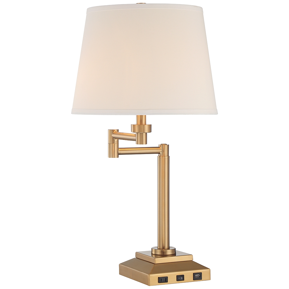 Camber Workstation Warm Gold Swing Arm Desk Lamp with Outlet and USB Port