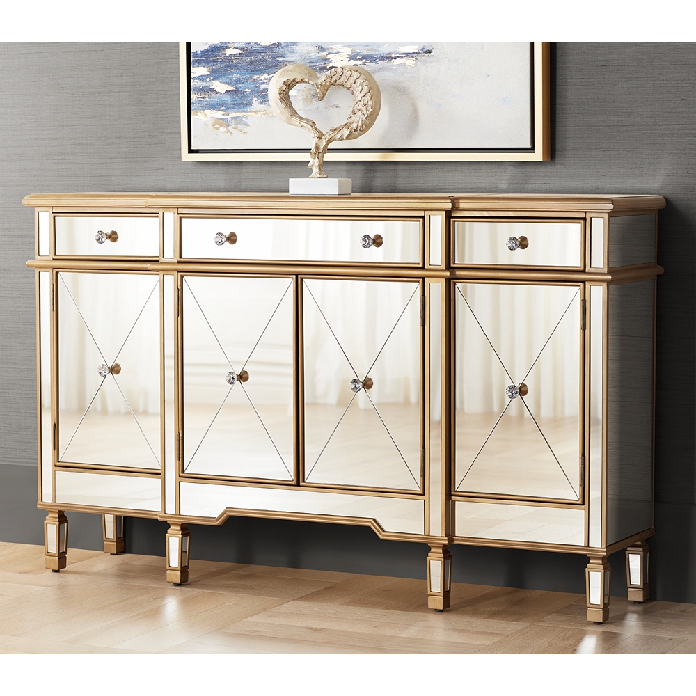 Bailey 60" Wide 4-Door Gold Mirrored Buffet Console
