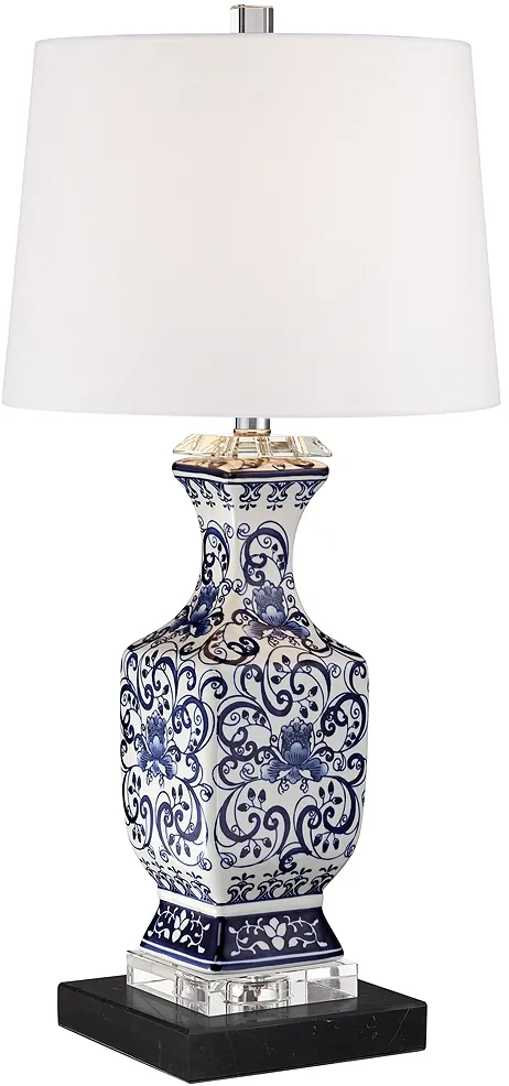 Iris Blue and White Table Lamp with Square Black Marble Riser