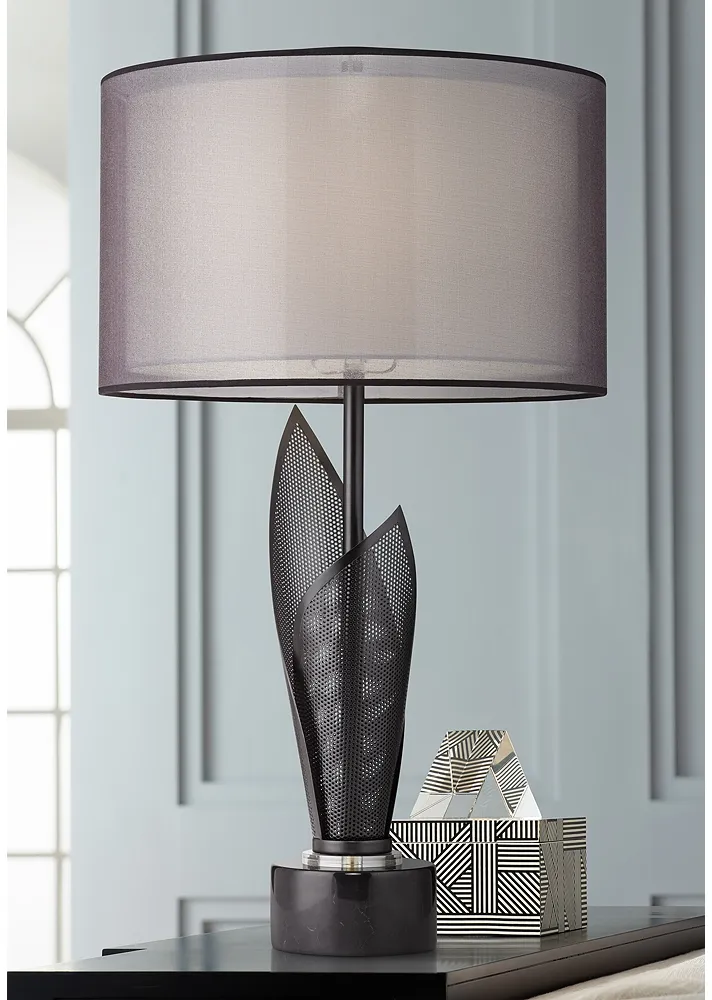Possini Euro Sasha Black Marble Sculpture Table Lamp with Double Shade