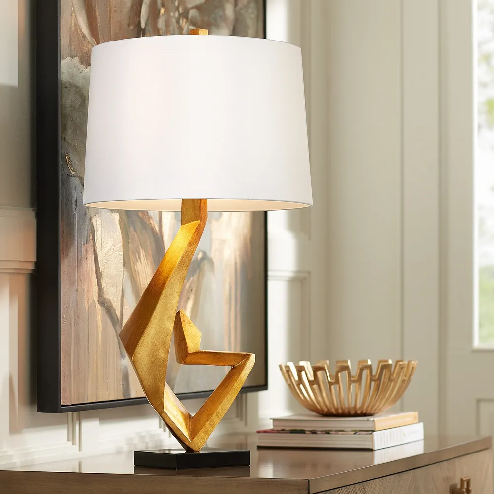 Possini Euro Zeus Gold Leaf Table Lamp with White Shade