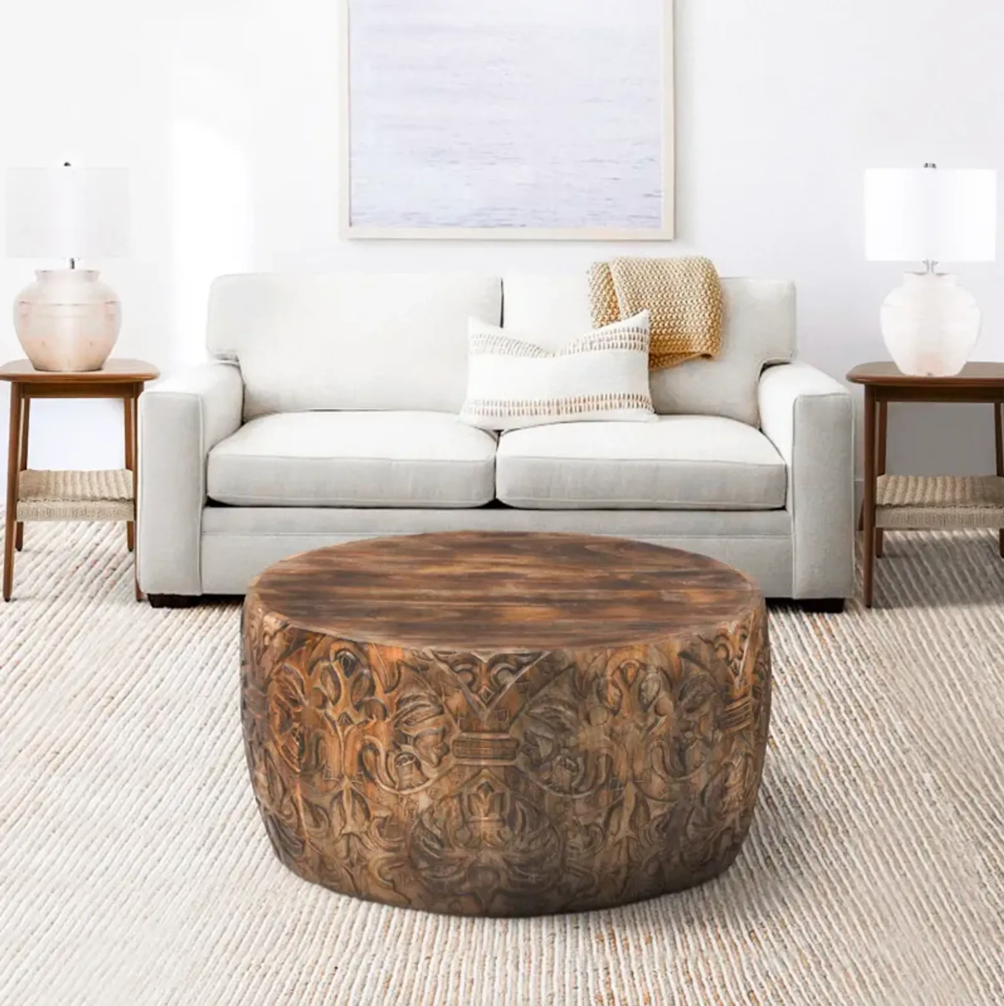 Handcrafted Mango Wood Coffee Table, Round Drum Shape | Furniture.com