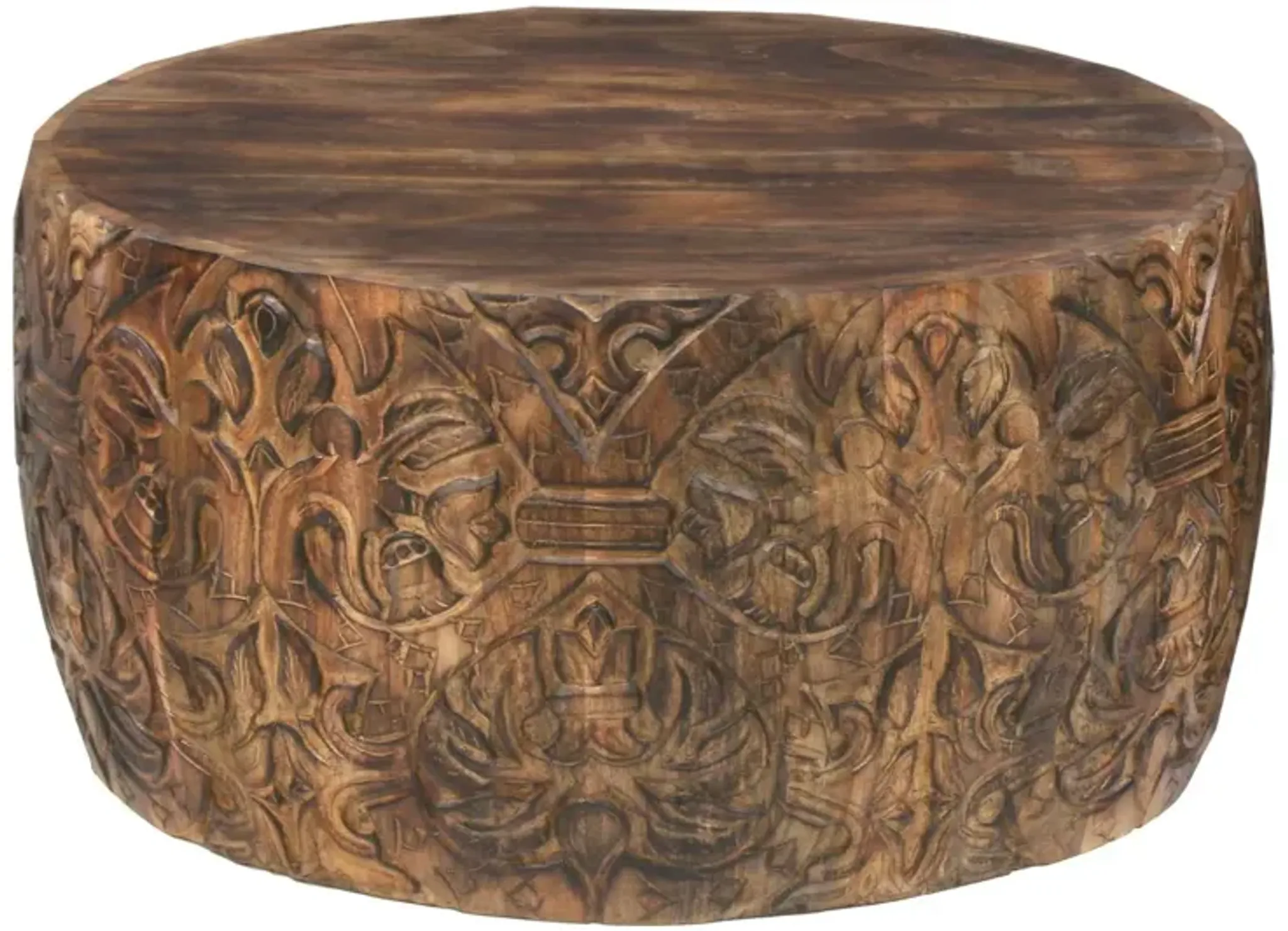 Handcrafted Mango Wood Coffee Table, Round Drum Shape | Furniture.com