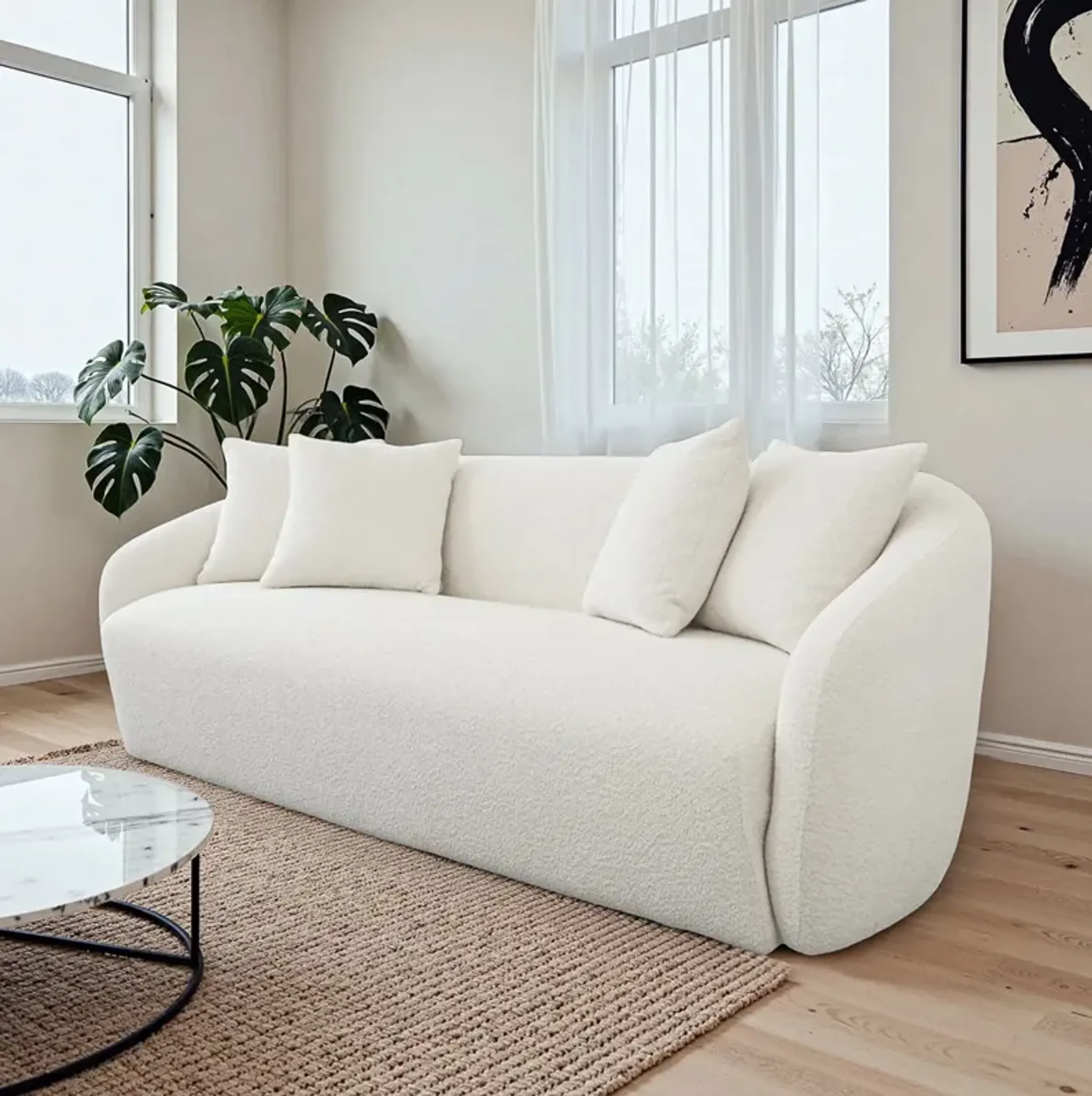Lidia Ivory Boucle Japandi Style Sofa | Furniture.com