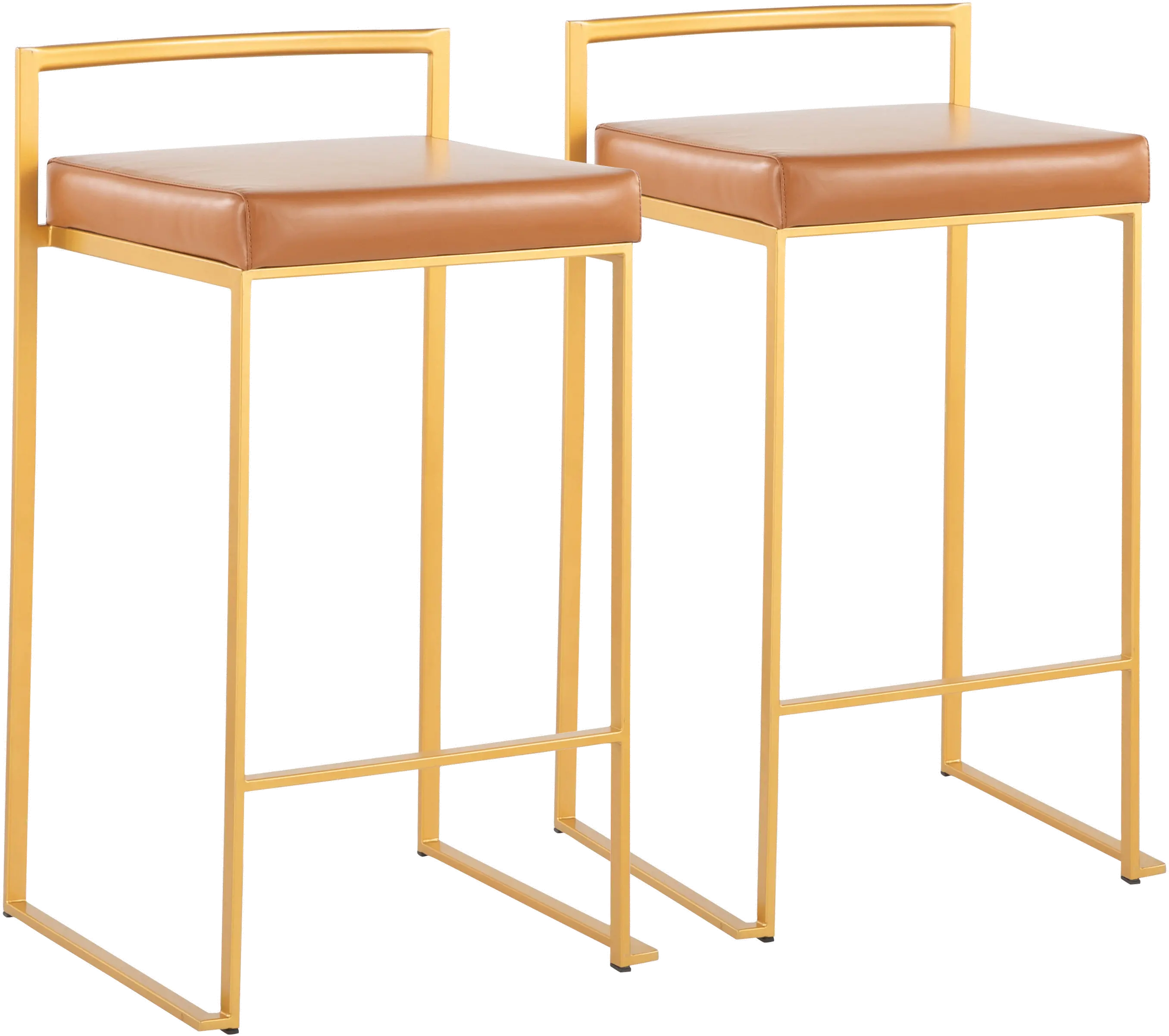 Fuji Low Back Gold & Camel Faux Leather Counter Stools, Set of 2