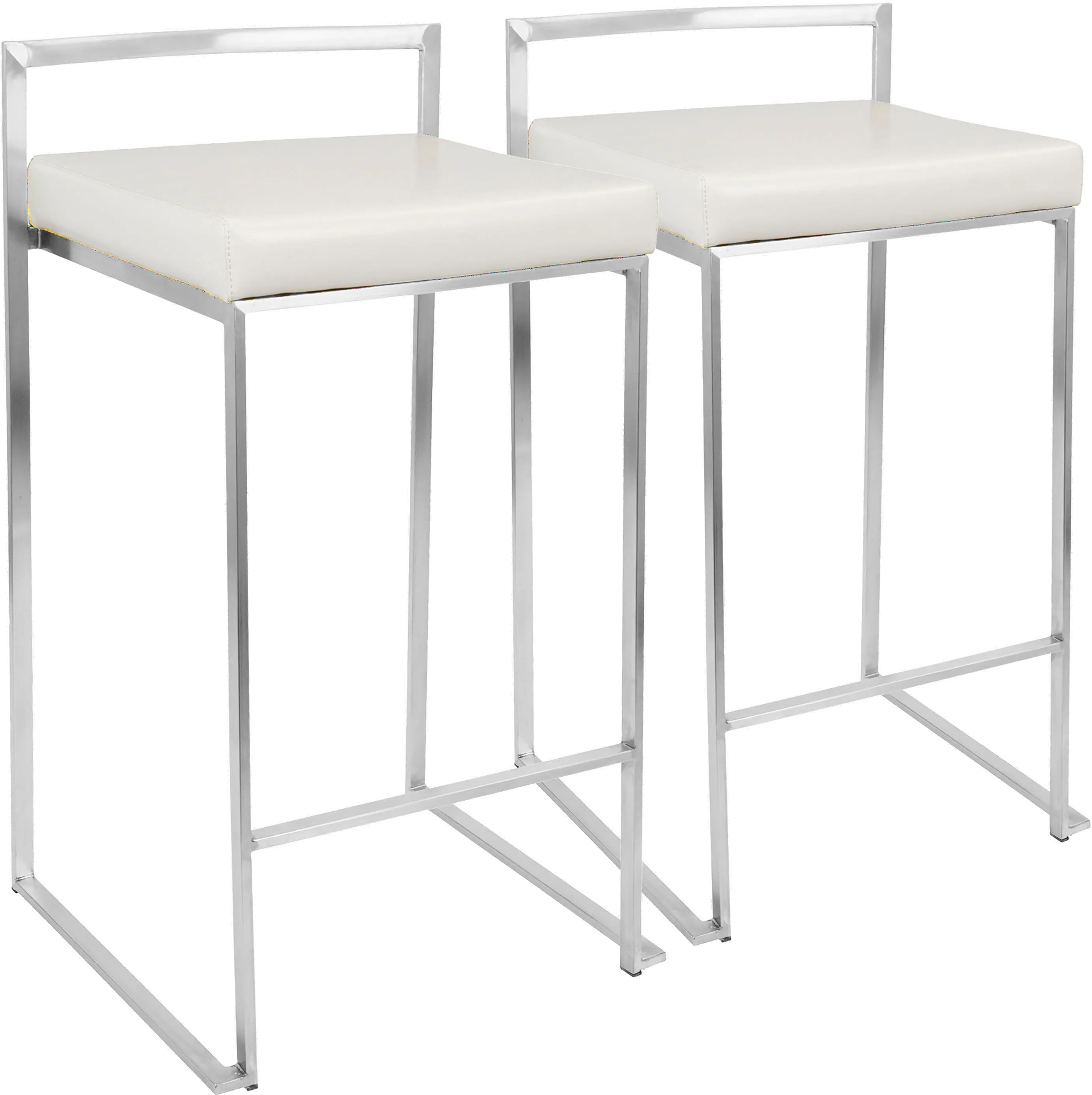 Fuji Low Back Stainless & White Faux Leather Counter Stools, Set of 2