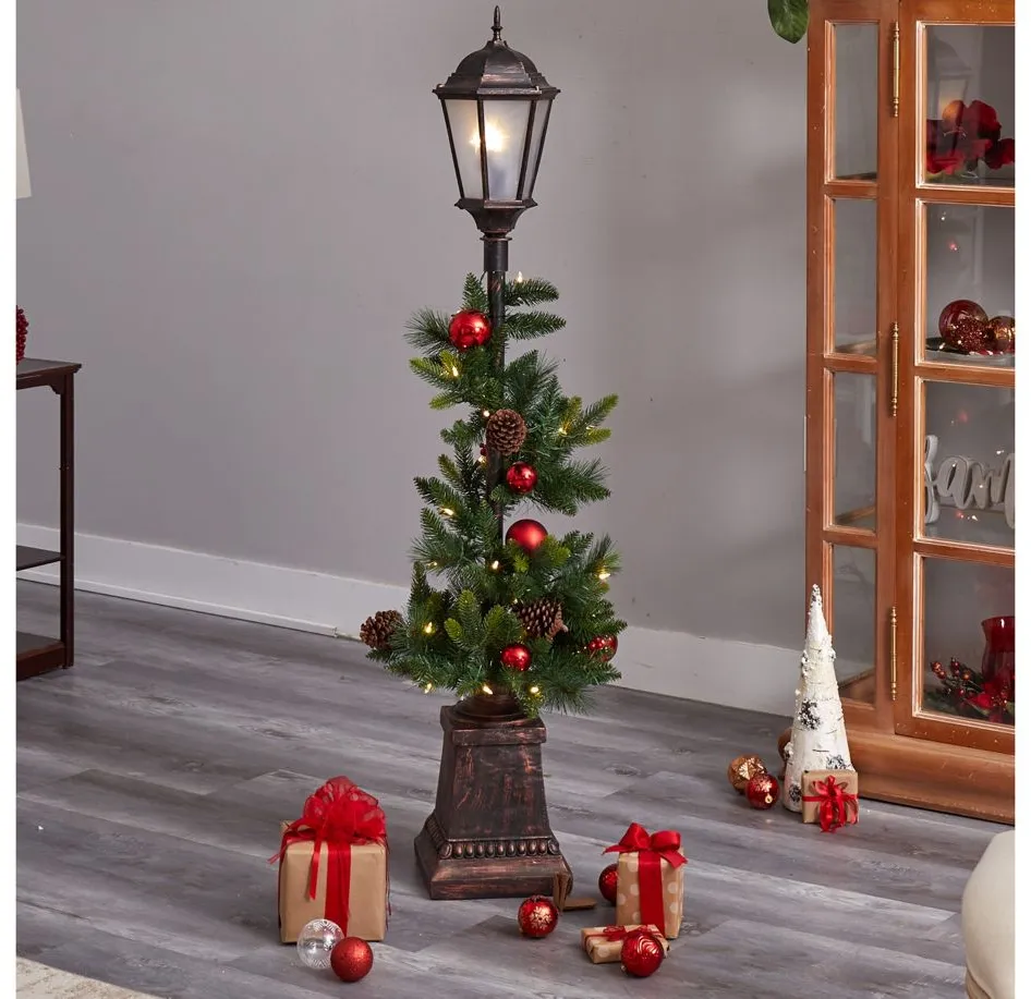 5' Pre-Lit Holiday Decorated Lamp Post with Artificial Greenery