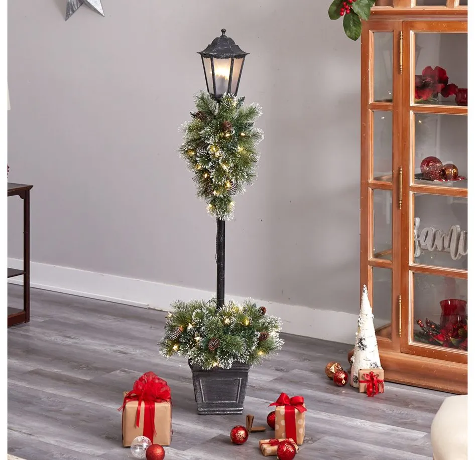 5' Holiday Pre-Lit Decorated Lamp Post with Artificial Greenery ...