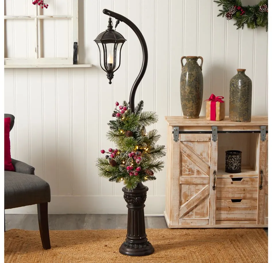5' Pre-Lit Holiday Decorated Lamp Post with Artificial Greenery