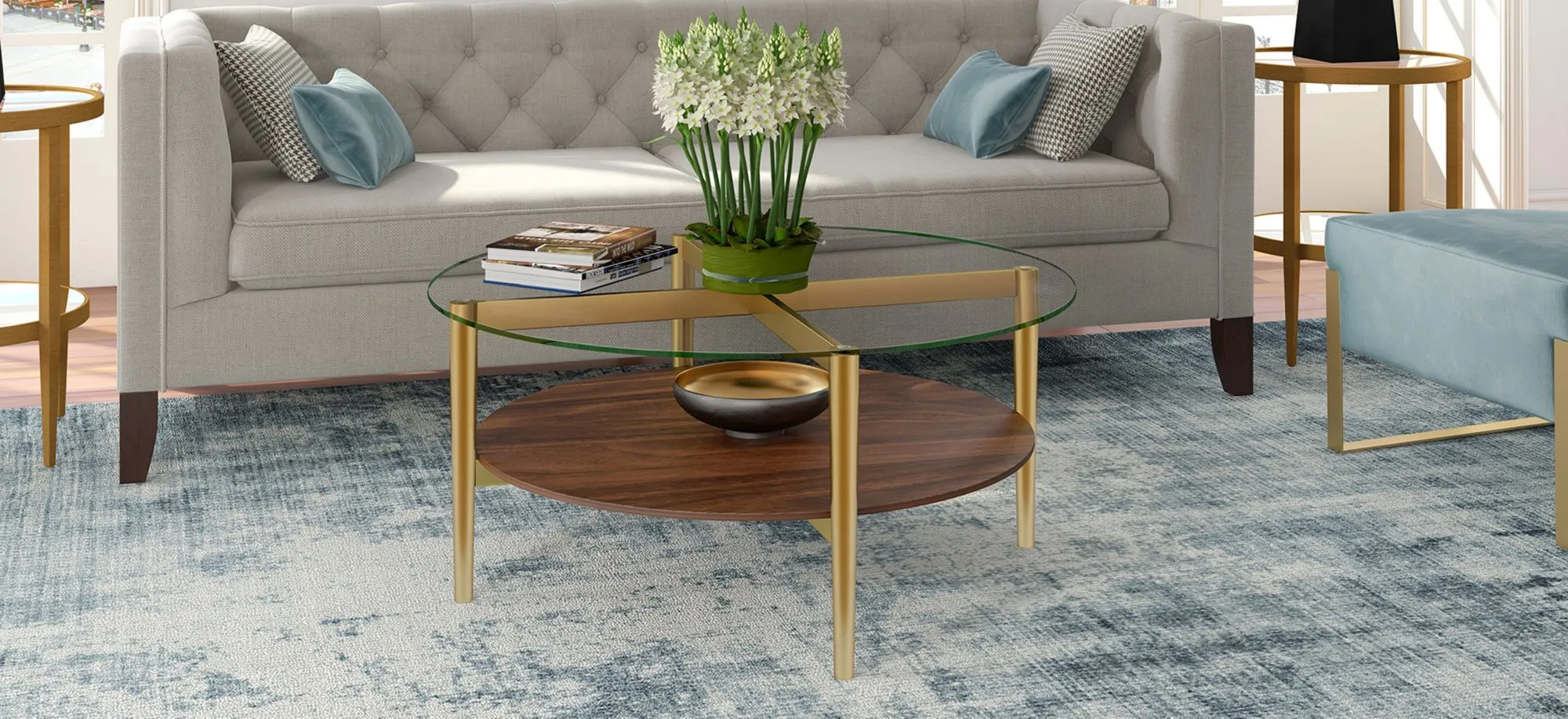 Otto Round Coffee Table with Walnut Shelf