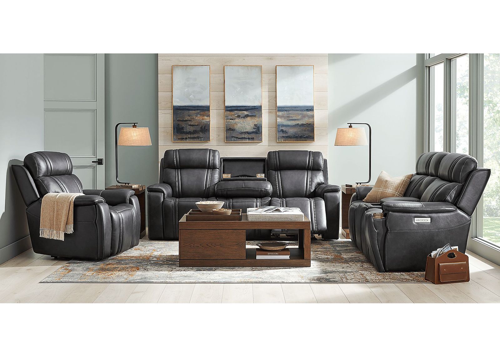Sound Tech by Shaq Black Leather 7 Pc Triple Power Reclining Living ...