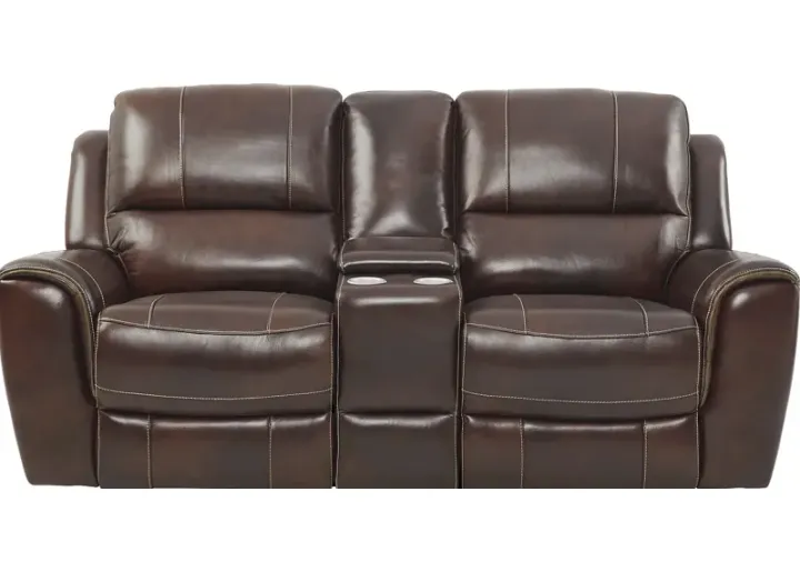 Lanzo Merlot Leather Dual Power Reclining Console Loveseat by Rooms To Go Furniture