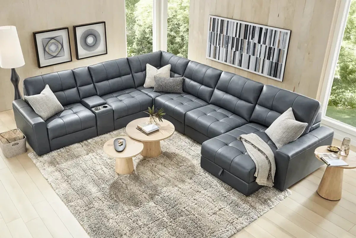 Meriwether Slate Blue Leather 7 Pc Power Slider Sectional by Rooms To ...