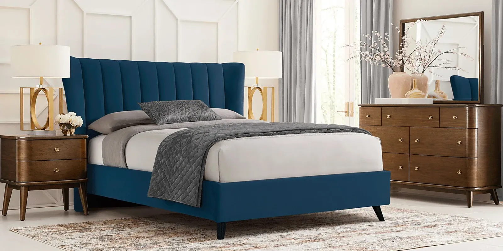 Devon Loft Walnut 5 Pc Bedroom with Nanton Park Blue King Upholstered Bed by Rooms To Go Furniture