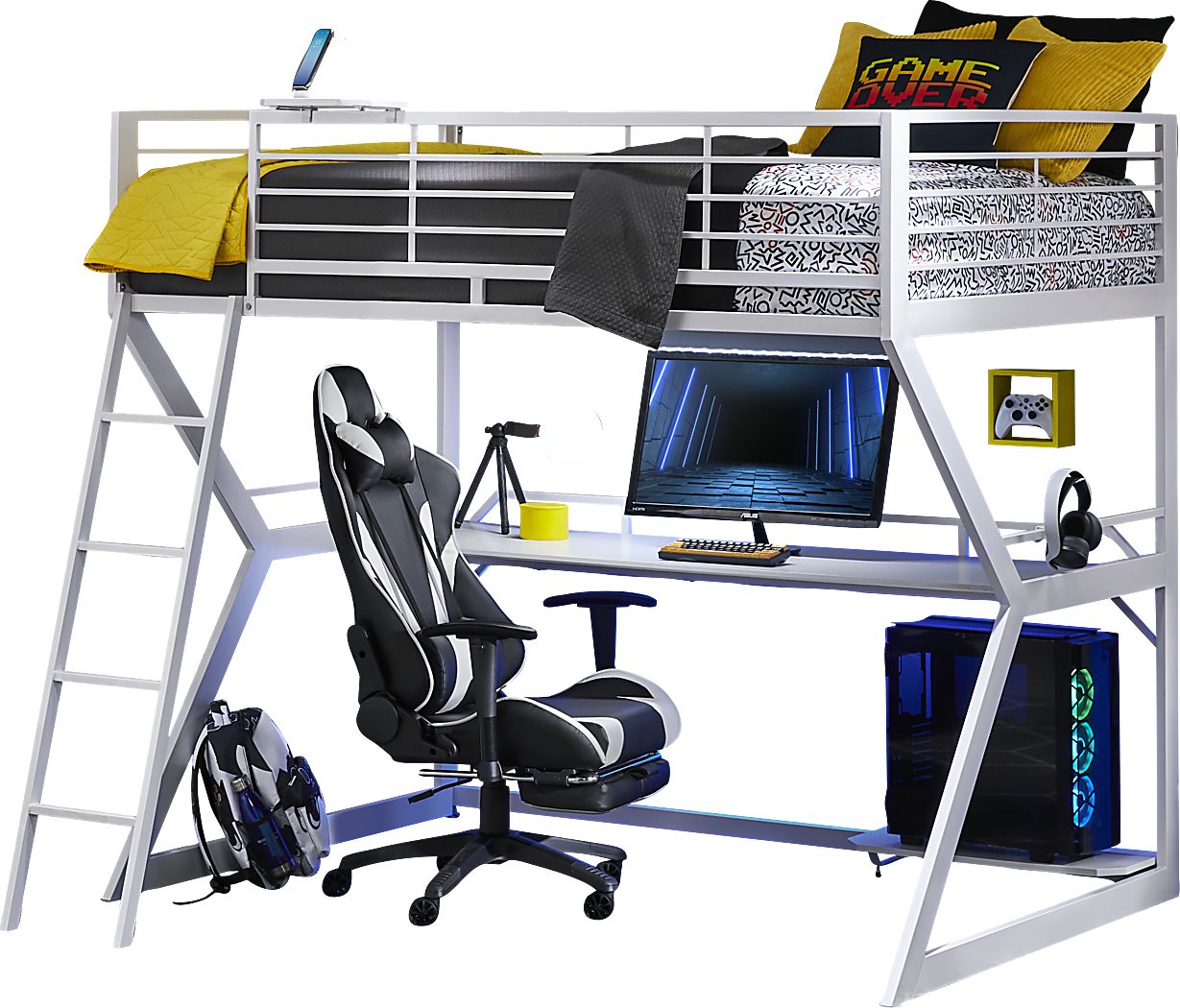 Kids Carbon Optix White Full Gaming Loft Bed with LED Lights and ...