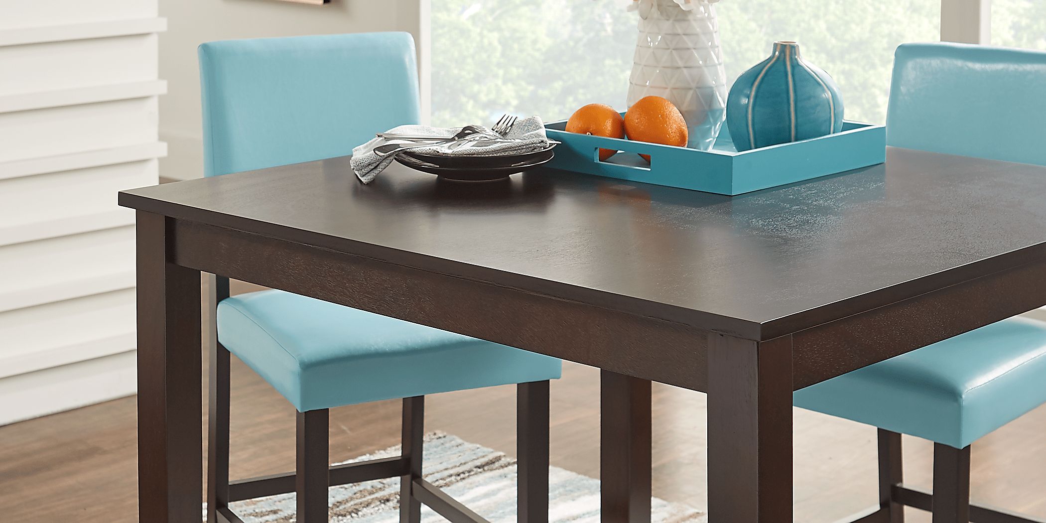 Sunset View Brown Cherry 5 Pc Counter Height Dining Set with Blue Stools