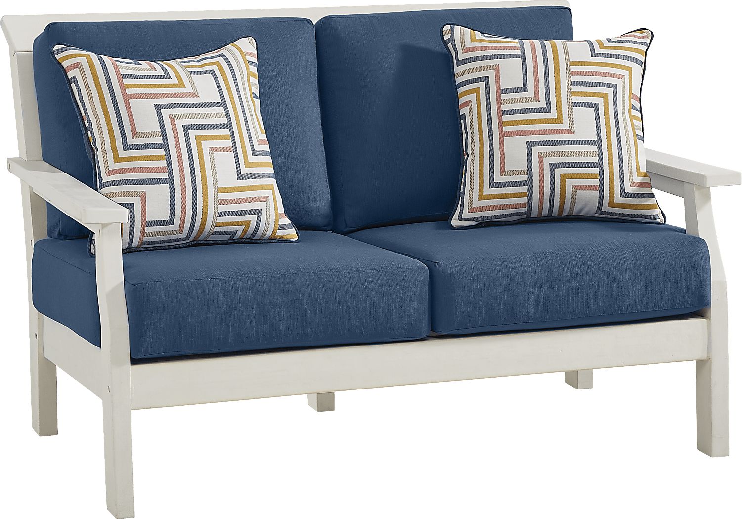 Eastlake 4 Pc White Outdoor Loveseat Seating Set with Ocean Cushions