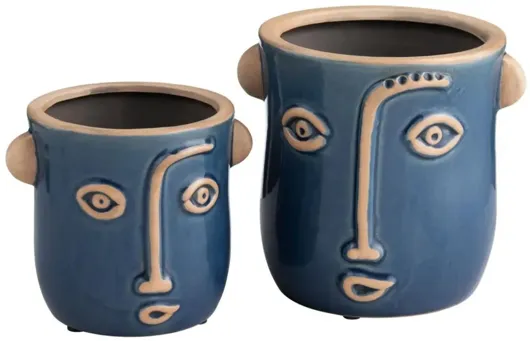 Set of 2 Blue Ceramic Emotion Face Vases 5.5/7”H